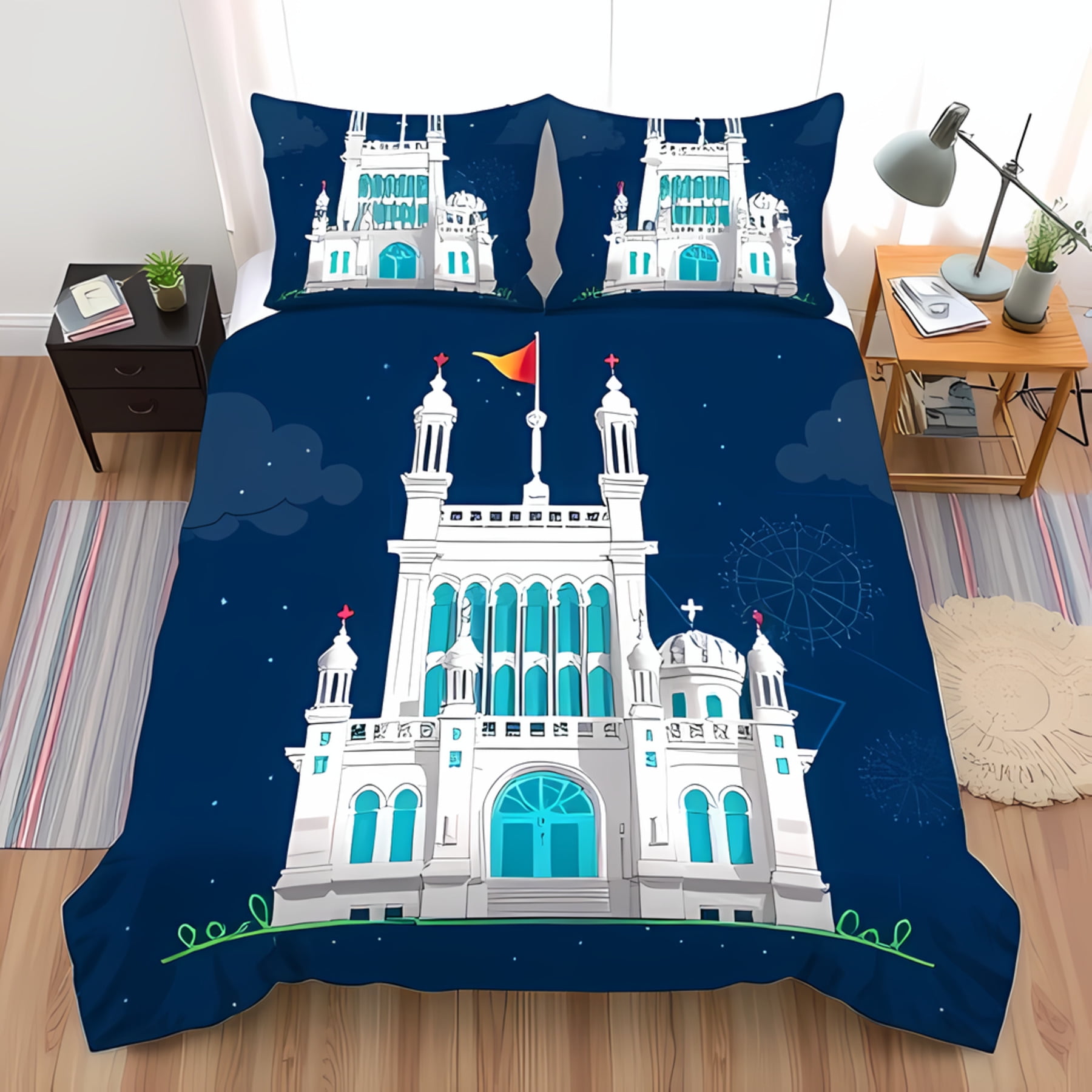3-Piece Duvet Cover Set with Enchanting White Castle Design Blue ...