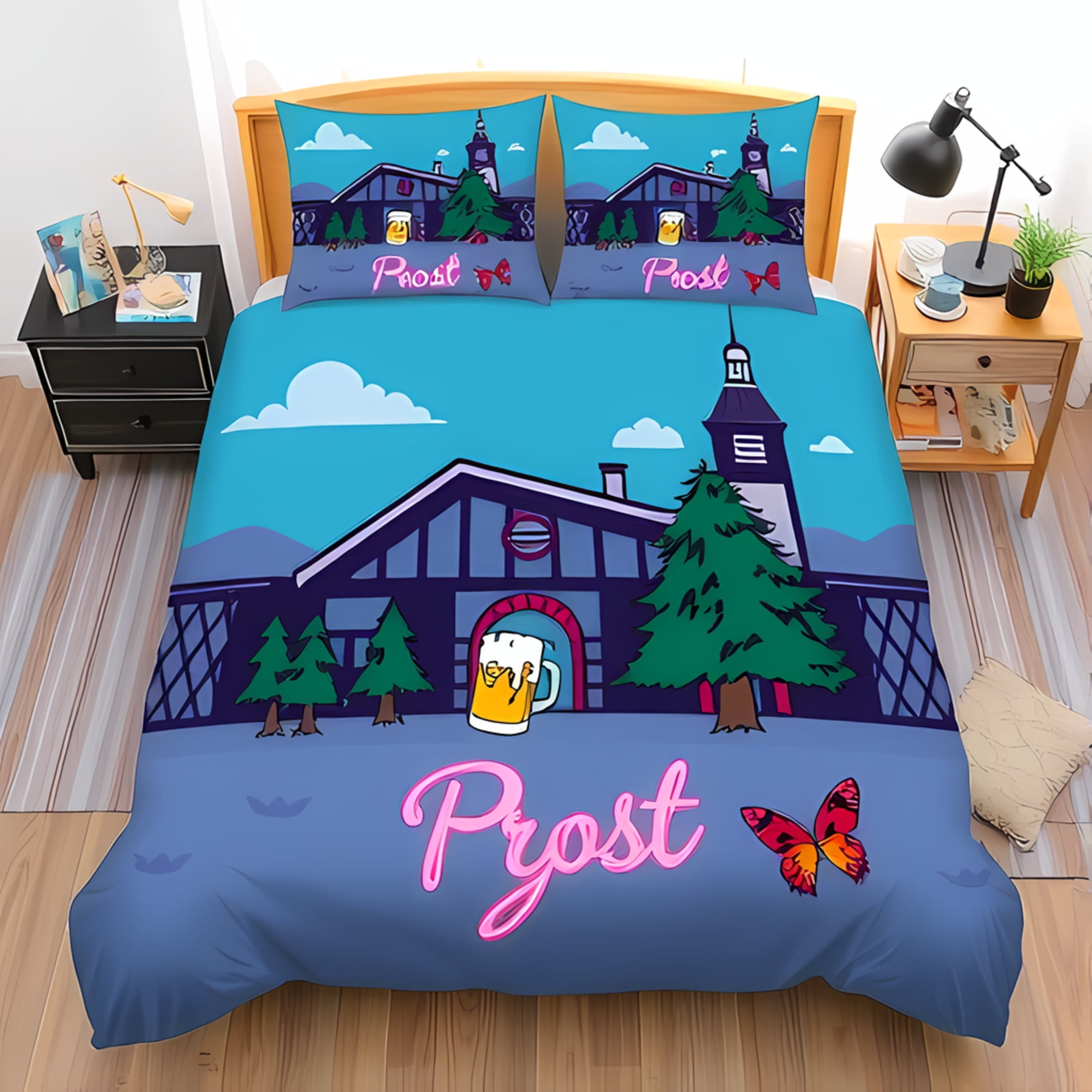 3-Piece Duvet Cover Set with Festive Blue Design Featuring Tower Trees ...