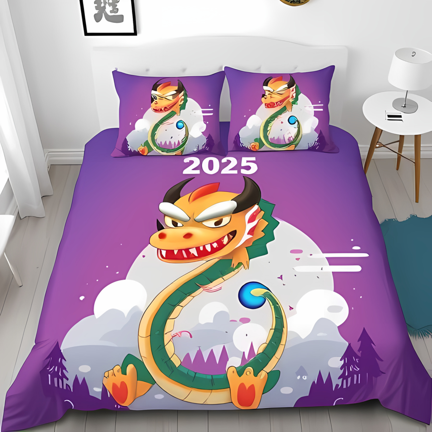 3-Piece Duvet Cover Set with Fierce Cartoon Dragon Design Purple ...