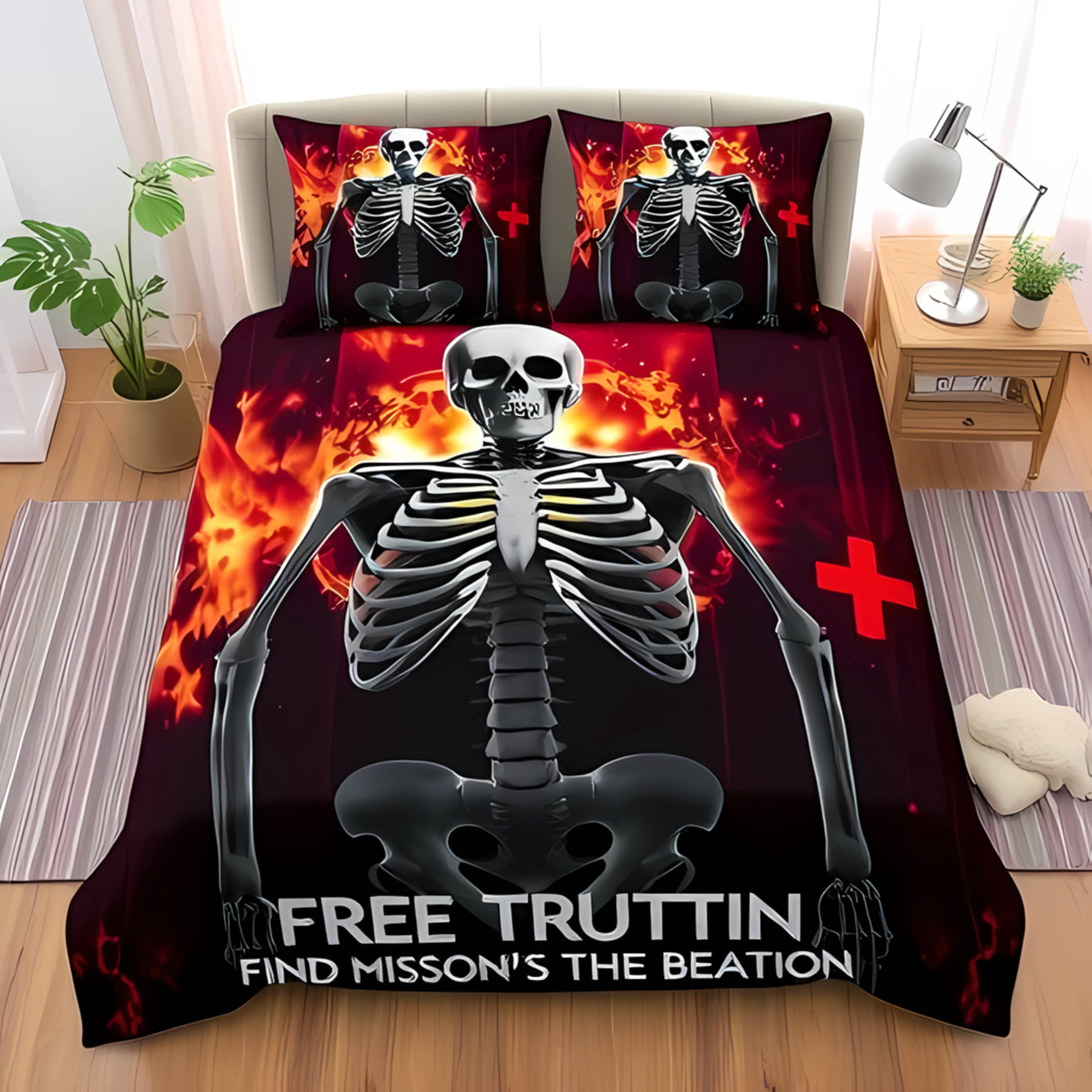 3-Piece Duvet Cover Set with Flaming Skeleton Design - Bold Edgy ...