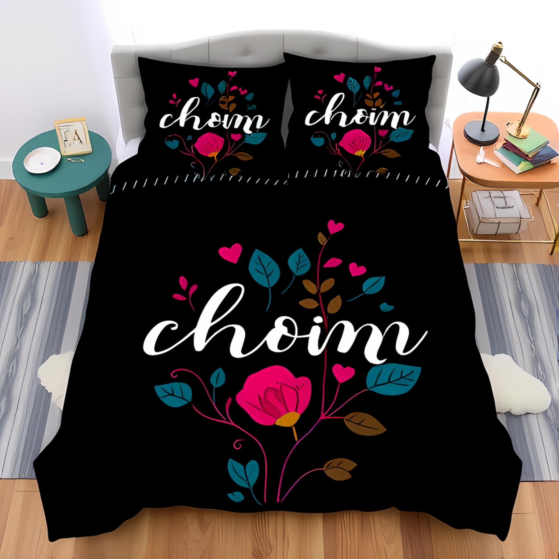 3-Piece Duvet Cover Set with Floral Design in Pink Teal and Brown - Elegant Black Bedspread with ...