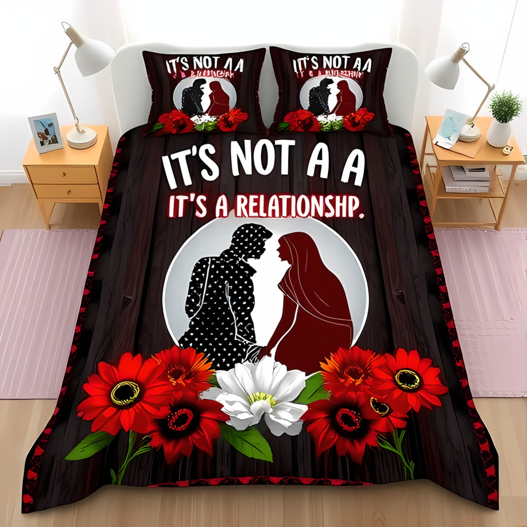 3-Piece Duvet Cover Set with Floral Motifs & Heartfelt Message - Dark ...