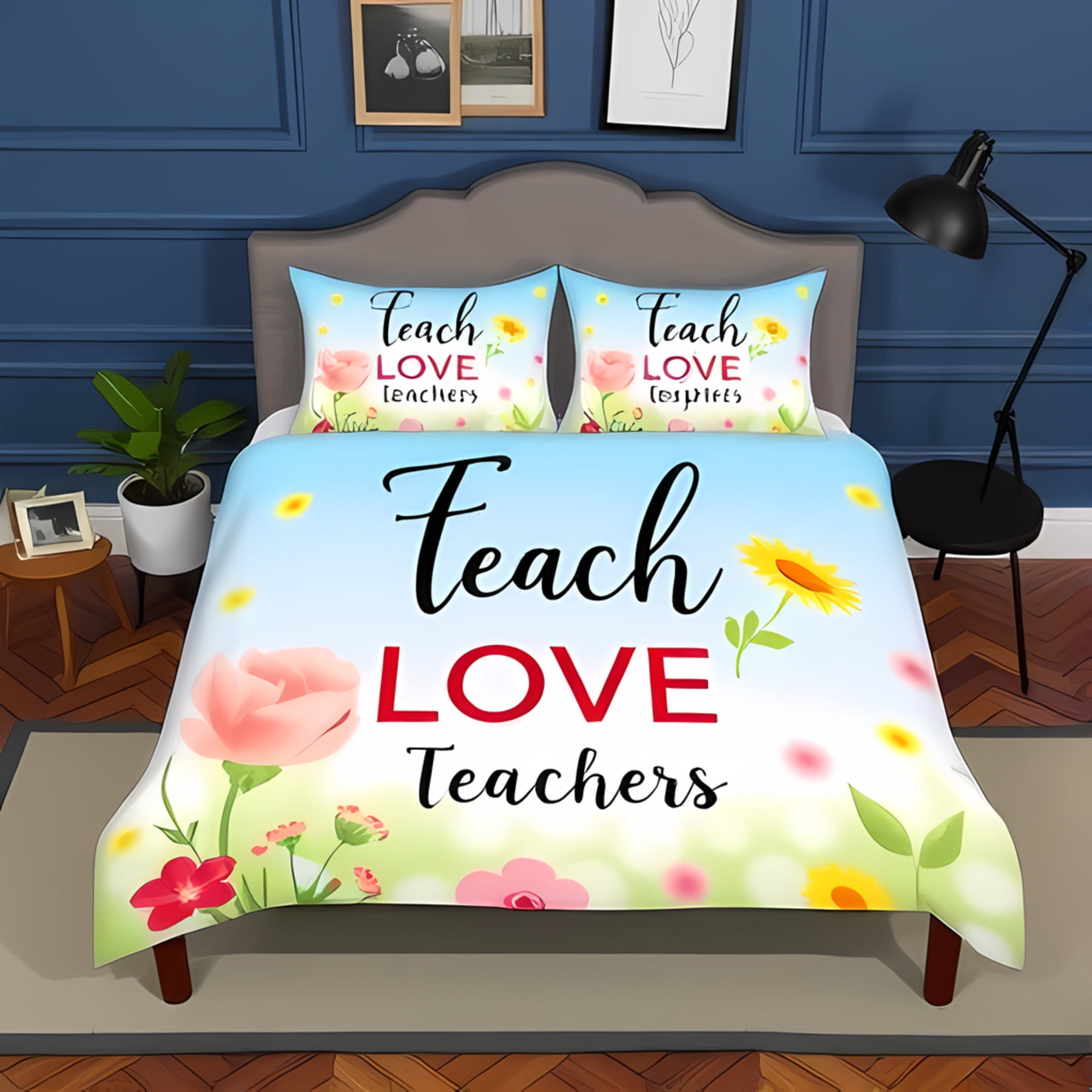 3-Piece Duvet Cover Set with Floral Motifs & Inspirational 'Teach LOVE ...