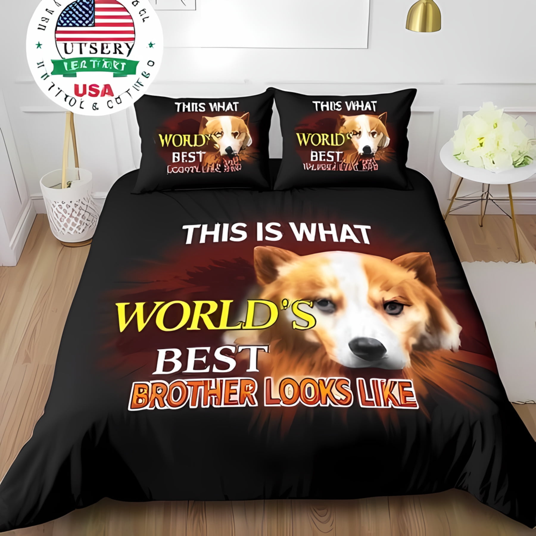 3-Piece Duvet Cover Set with Fluffy Golden-Brown Dog Portrait & Bold ...
