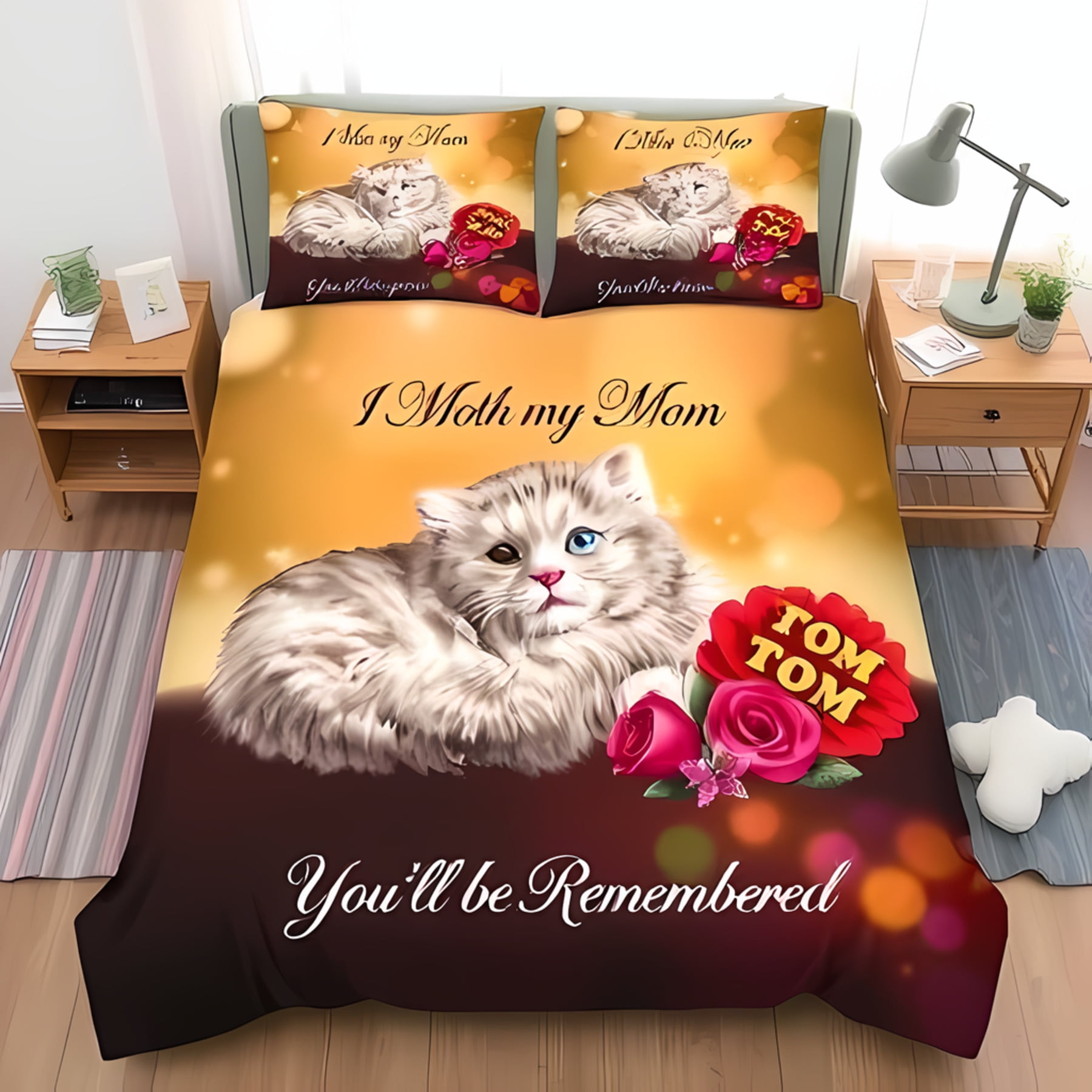 3-Piece Duvet Cover Set with Fluffy Grey Cat & Red Roses - "I Miss My ...