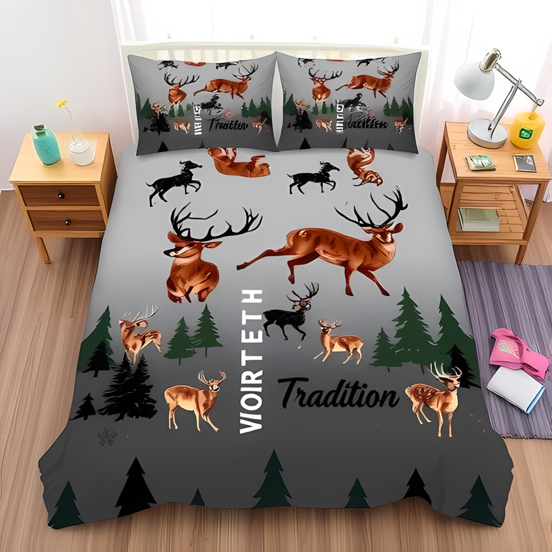 3-Piece Duvet Cover Set with Forest Scene Design Featuring Deer and ...