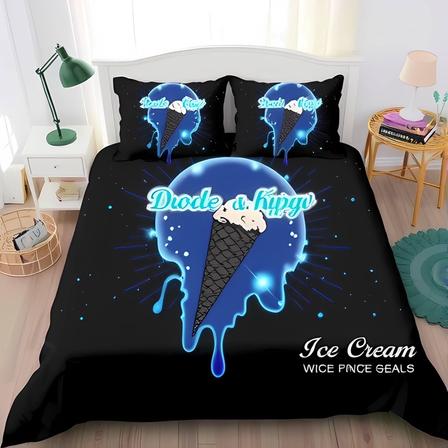3-Piece Duvet Cover Set with Fun Ice Cream Design - Black Bedspread ...