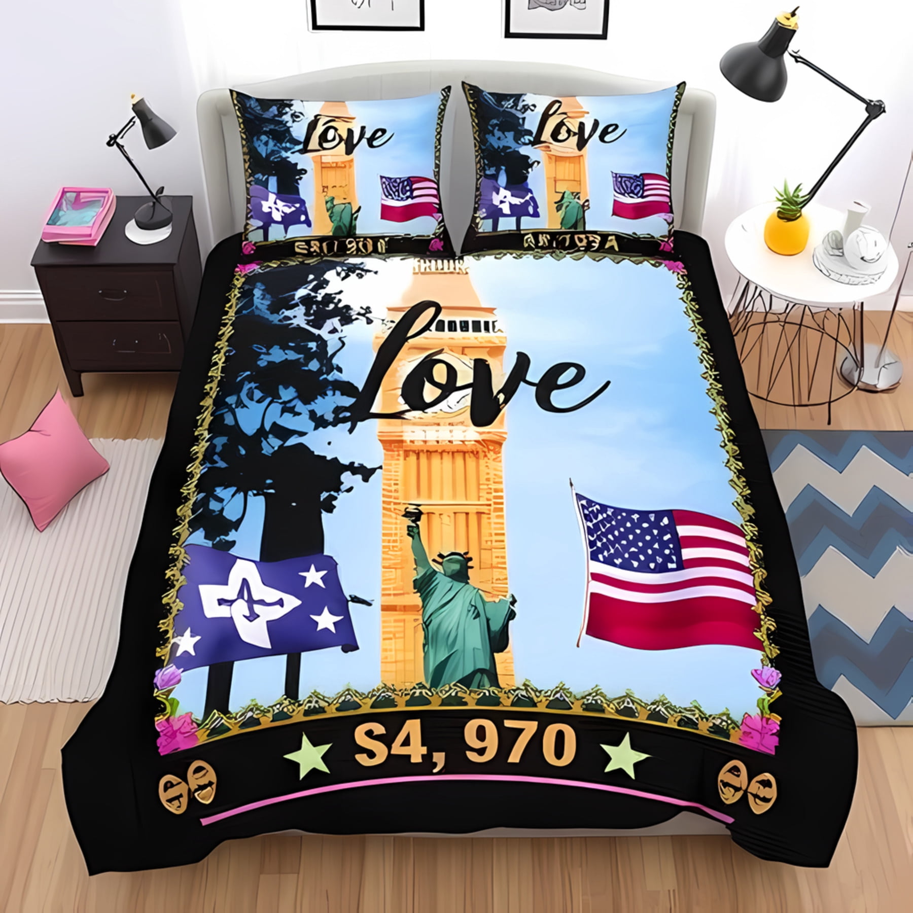3-Piece Duvet Cover Set with Global Landmarks & Patriotic on Black ...