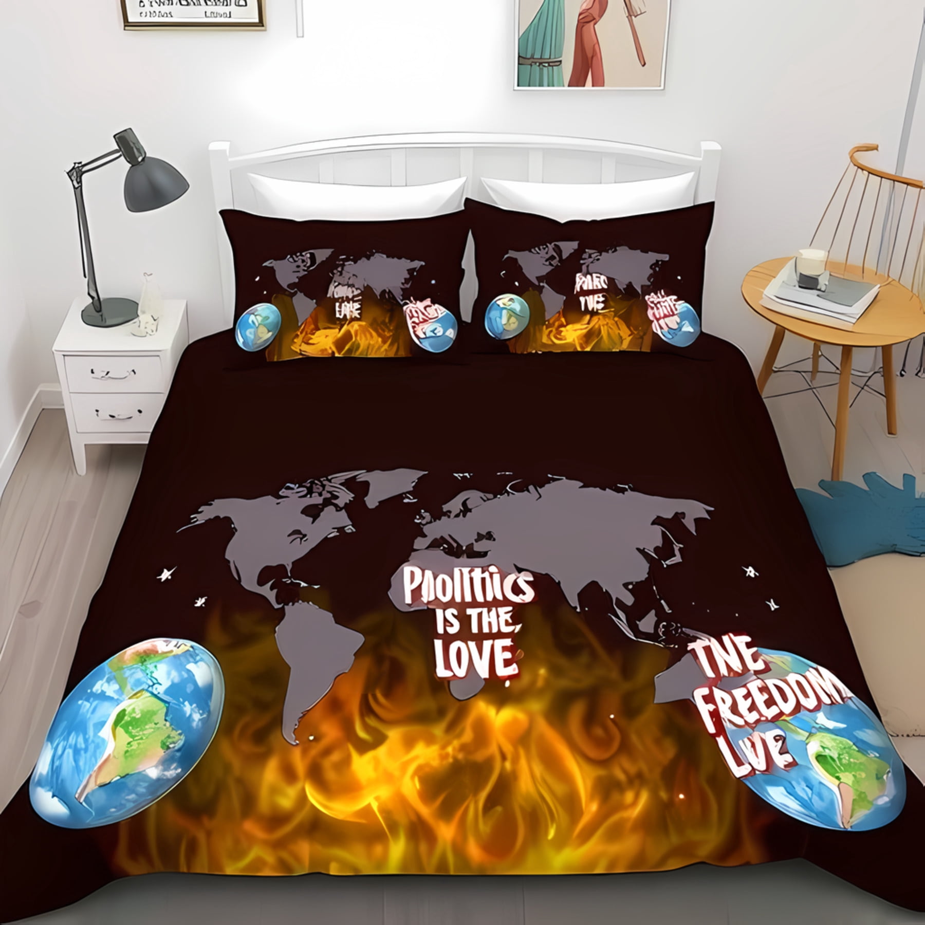 3-Piece Duvet Cover Set with Global Map Design & Bold Slogans - Cozy ...