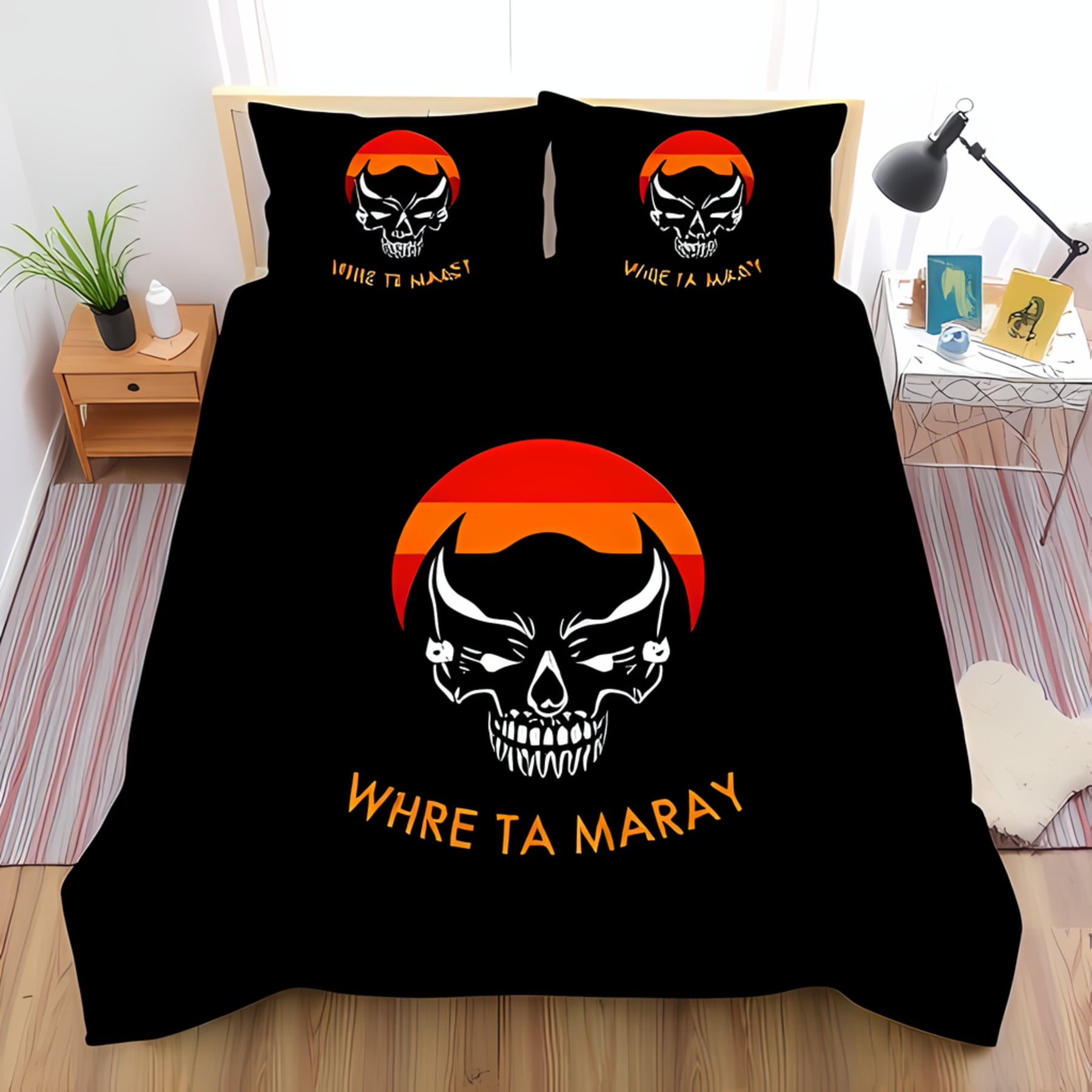 3-Piece Duvet Cover Set with Graphic & Horns Bold Orange & Yellow Sun ...