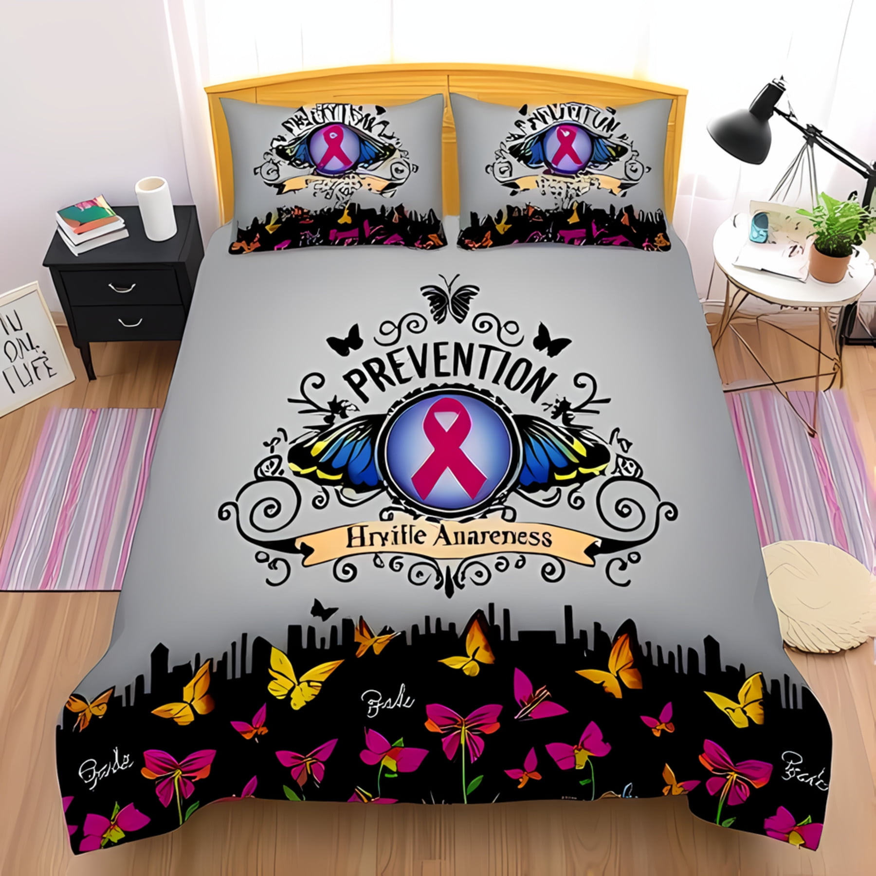3-Piece Duvet Cover Set with Gray Bedspread Featuring Pink Ribbon ...