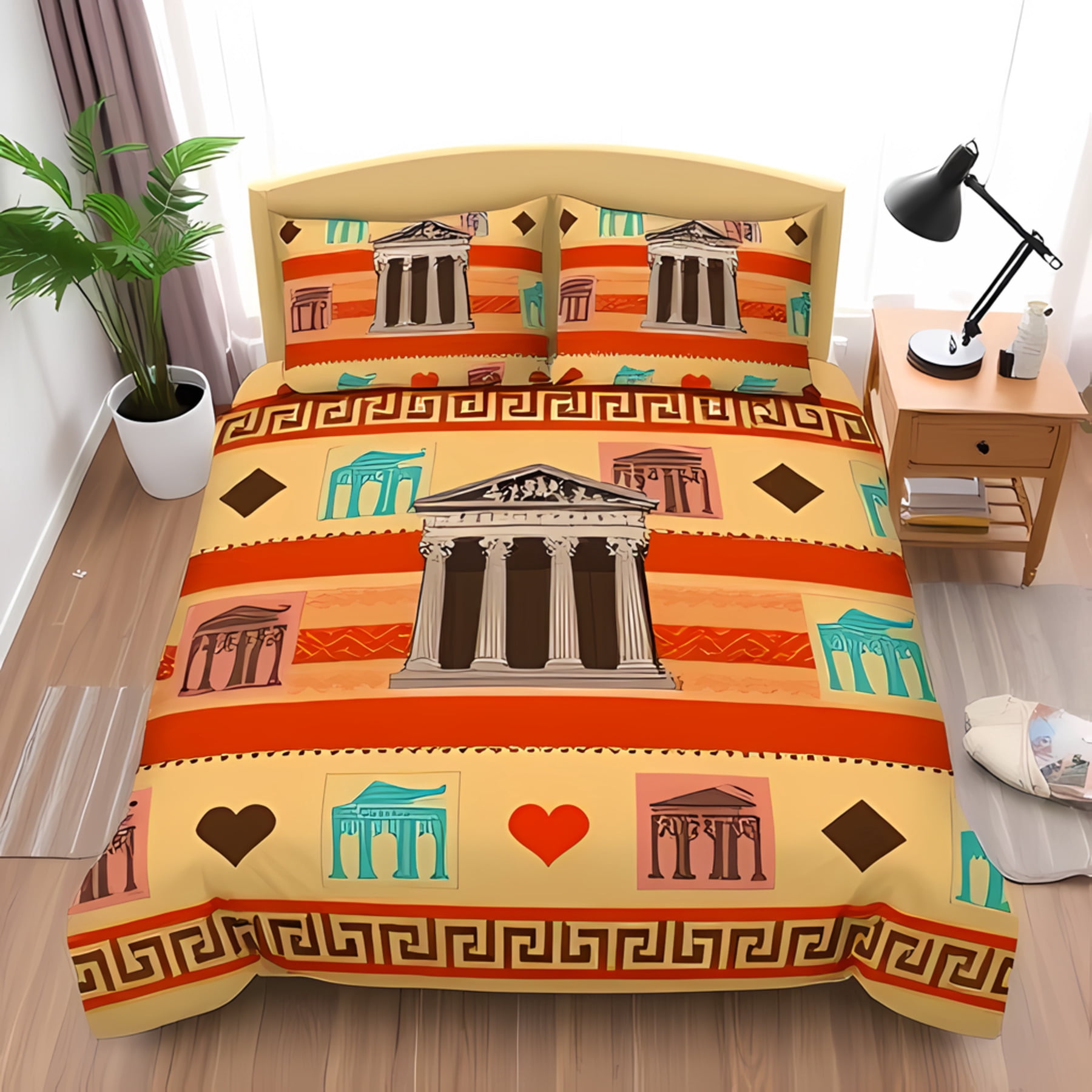 3-Piece Duvet Cover Set with Greek Temple Design Soft & Peach Colors ...