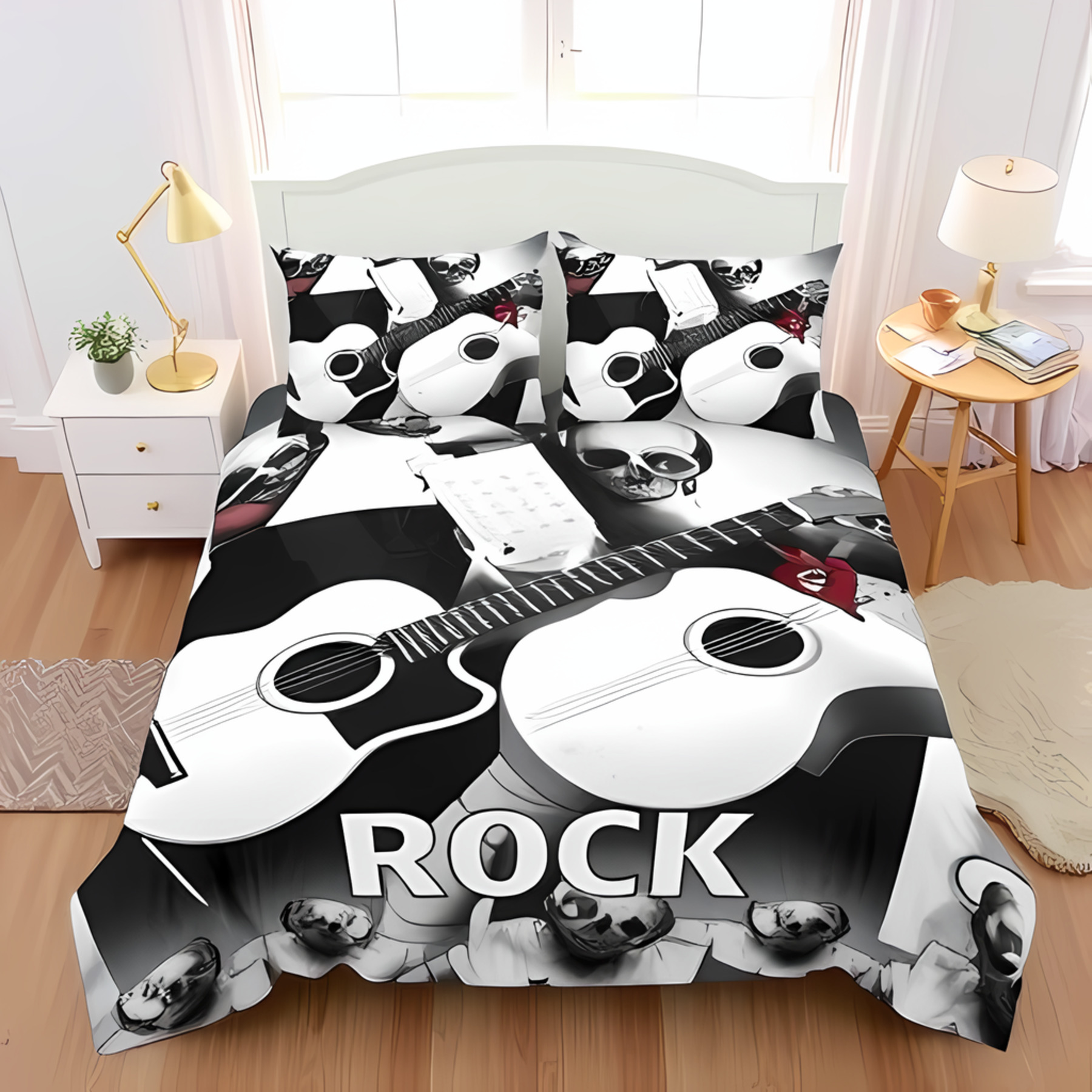 3-Piece Duvet Cover Set with Guitar and Design Black and White Bedding ...