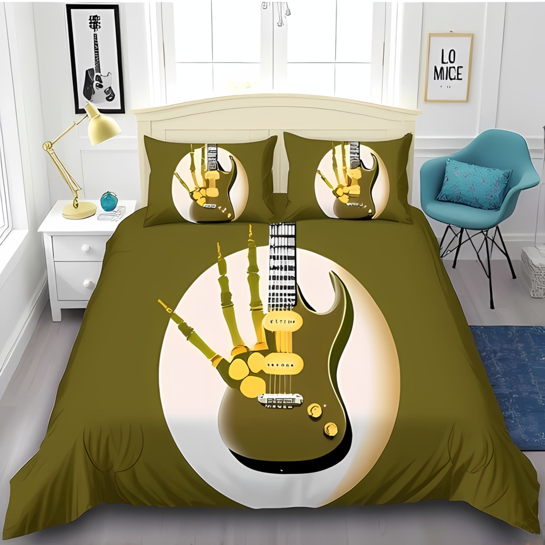 3-Piece Duvet Cover Set with Guitar and Skeletal Hand Graphic Design ...