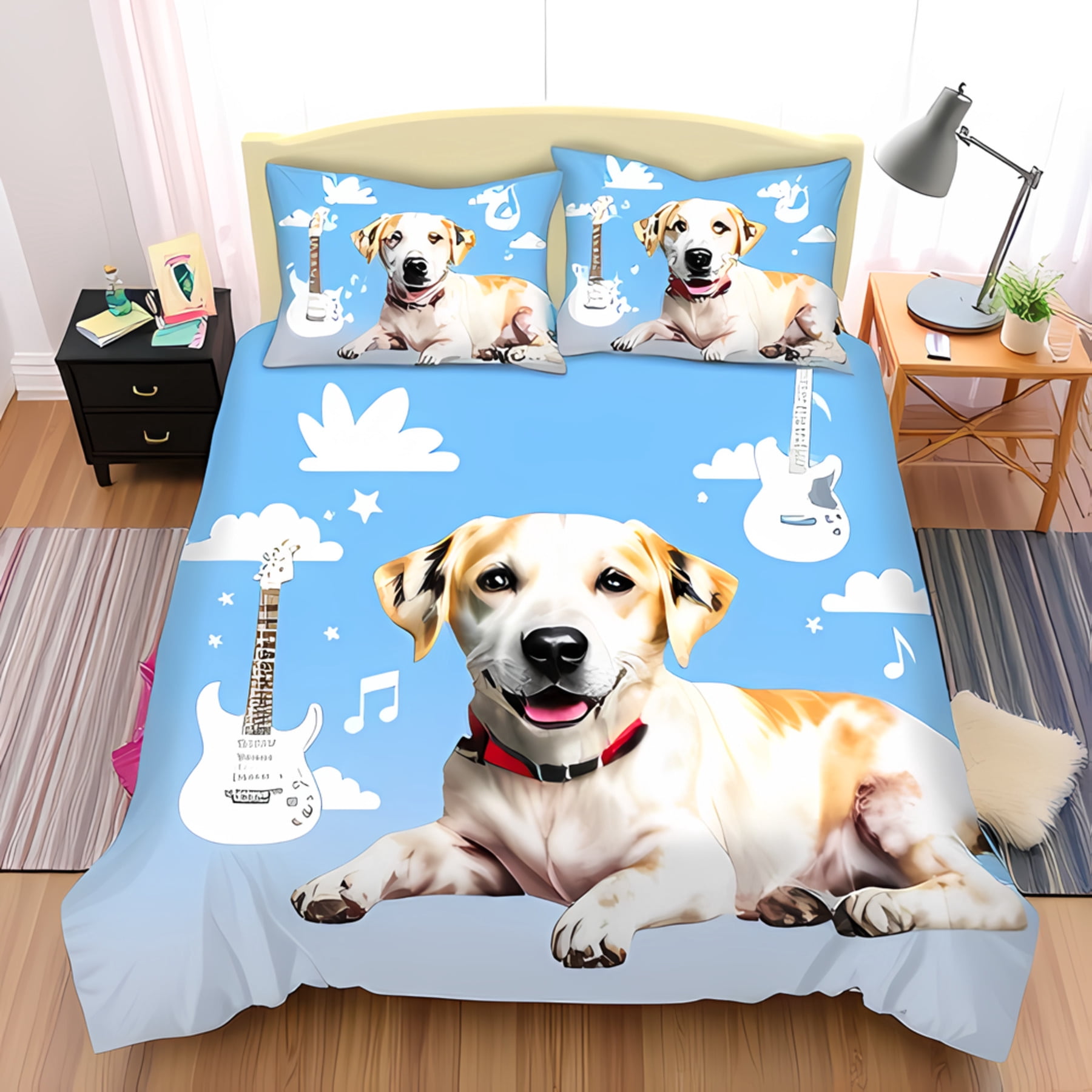 3-Piece Duvet Cover Set with Happy Dog Design Blue Bedspread Featuring ...