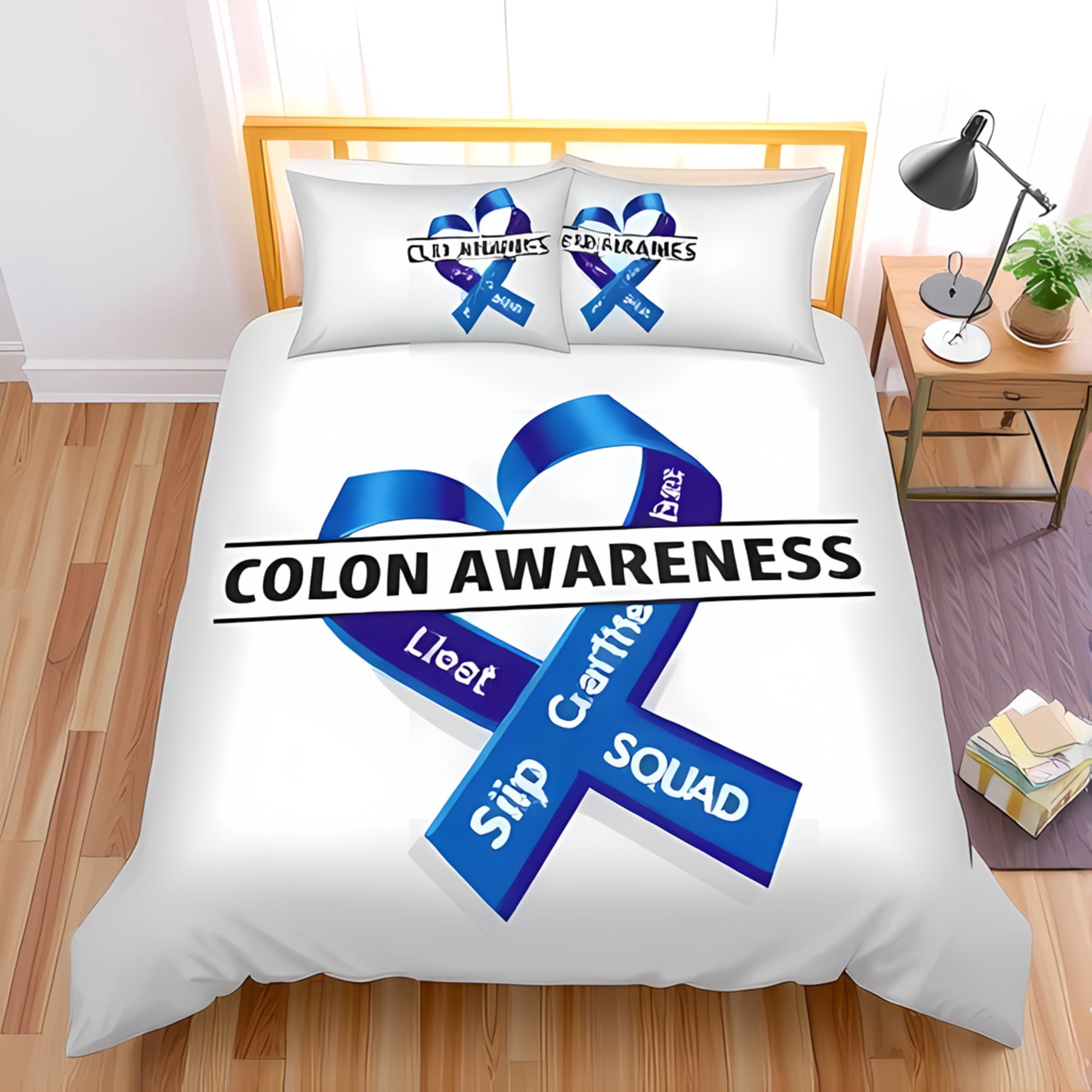 3-Piece Duvet Cover Set with Heart-Shaped Blue Ribbon Design for Colon ...