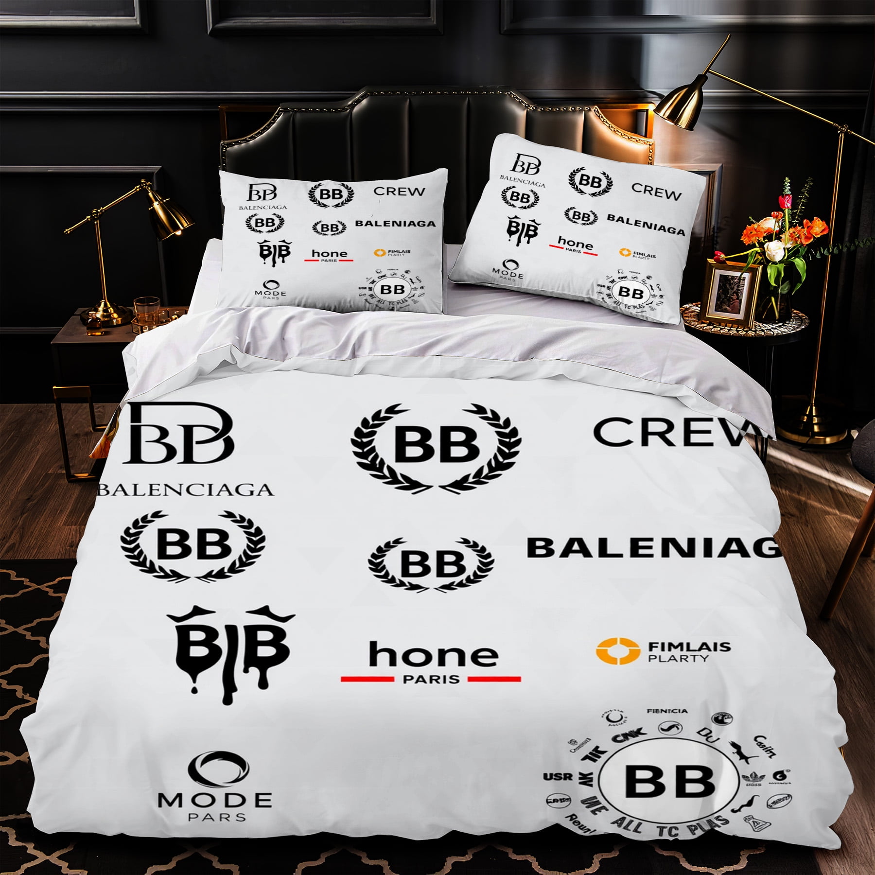 3-Piece Duvet Cover Set with High - End Fashion Brand Logos Modern Dark ...
