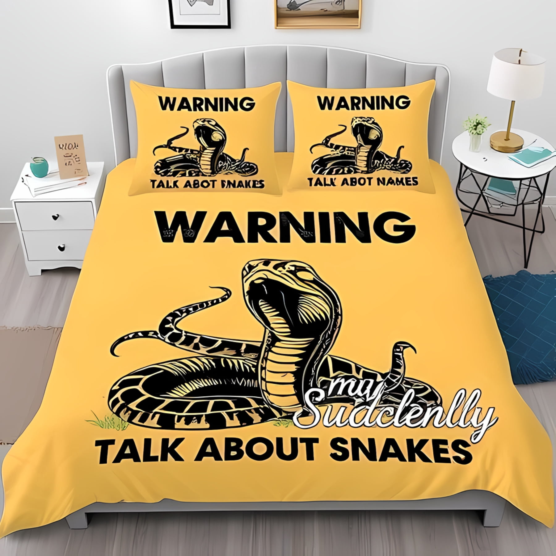 3-Piece Duvet Cover Set with Humorous Snake Warning Design on Bright ...