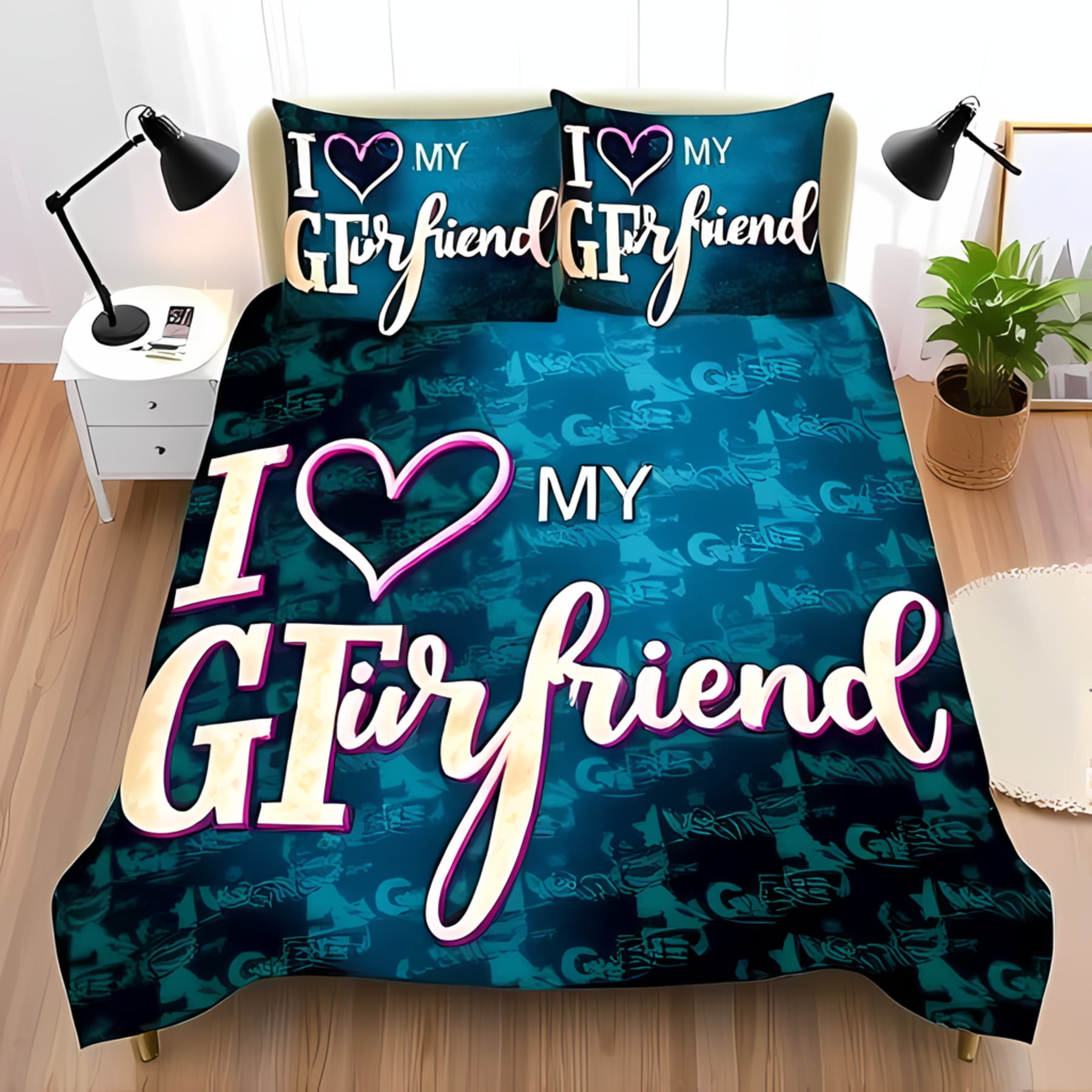3-Piece Duvet Cover Set with " I LOVE MY GIRLFRIEND " Design - Vibrant ...
