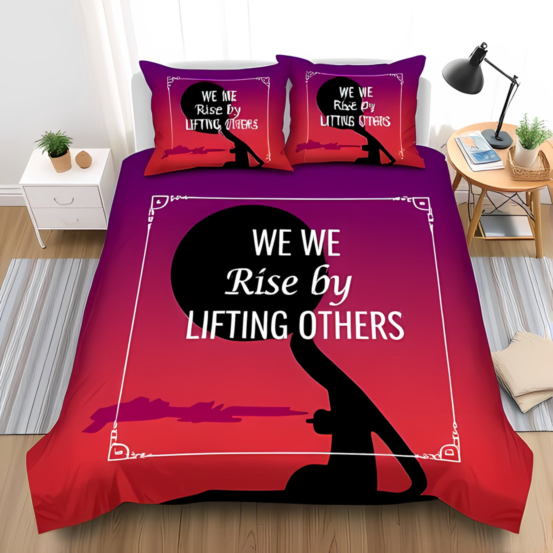3-Piece Duvet Cover Set with Inspirational Quote "WE RISE BY LIFTING ...