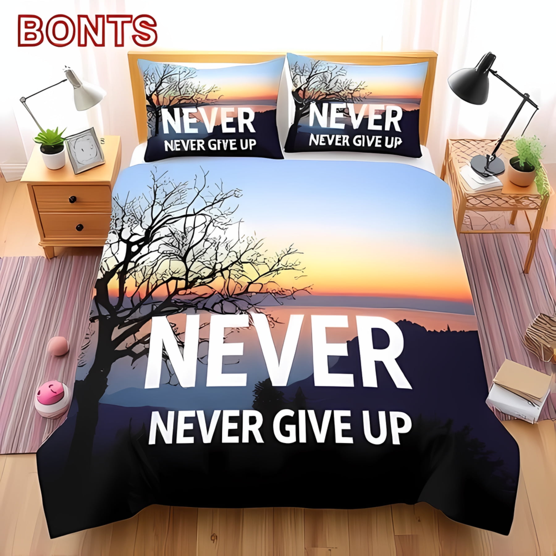 3-Piece Duvet Cover Set with Inspirational Sunset Scene & Silhouetted ...