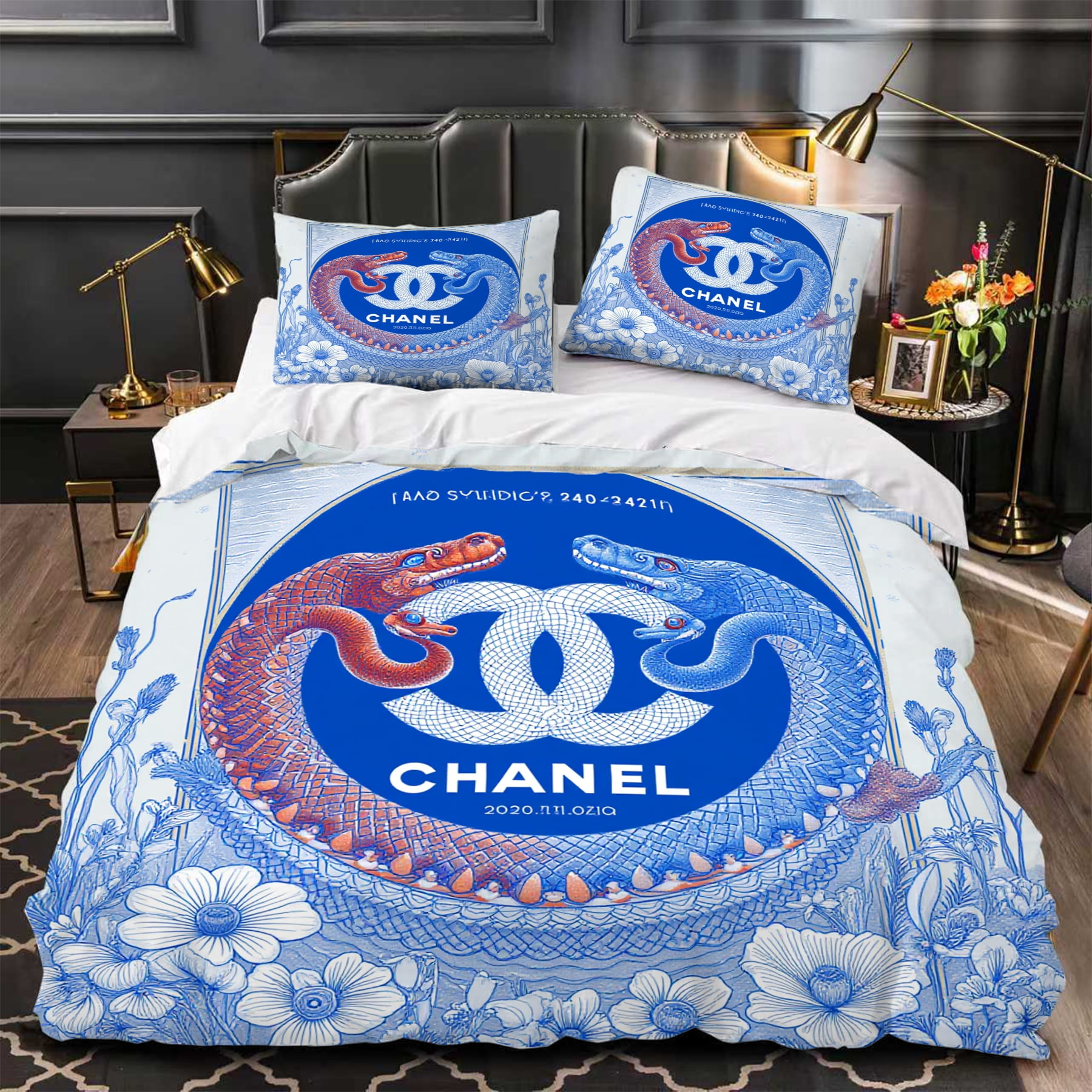 3-Piece Duvet Cover Set with Intertwined Serpents in Red & Blue Floral ...