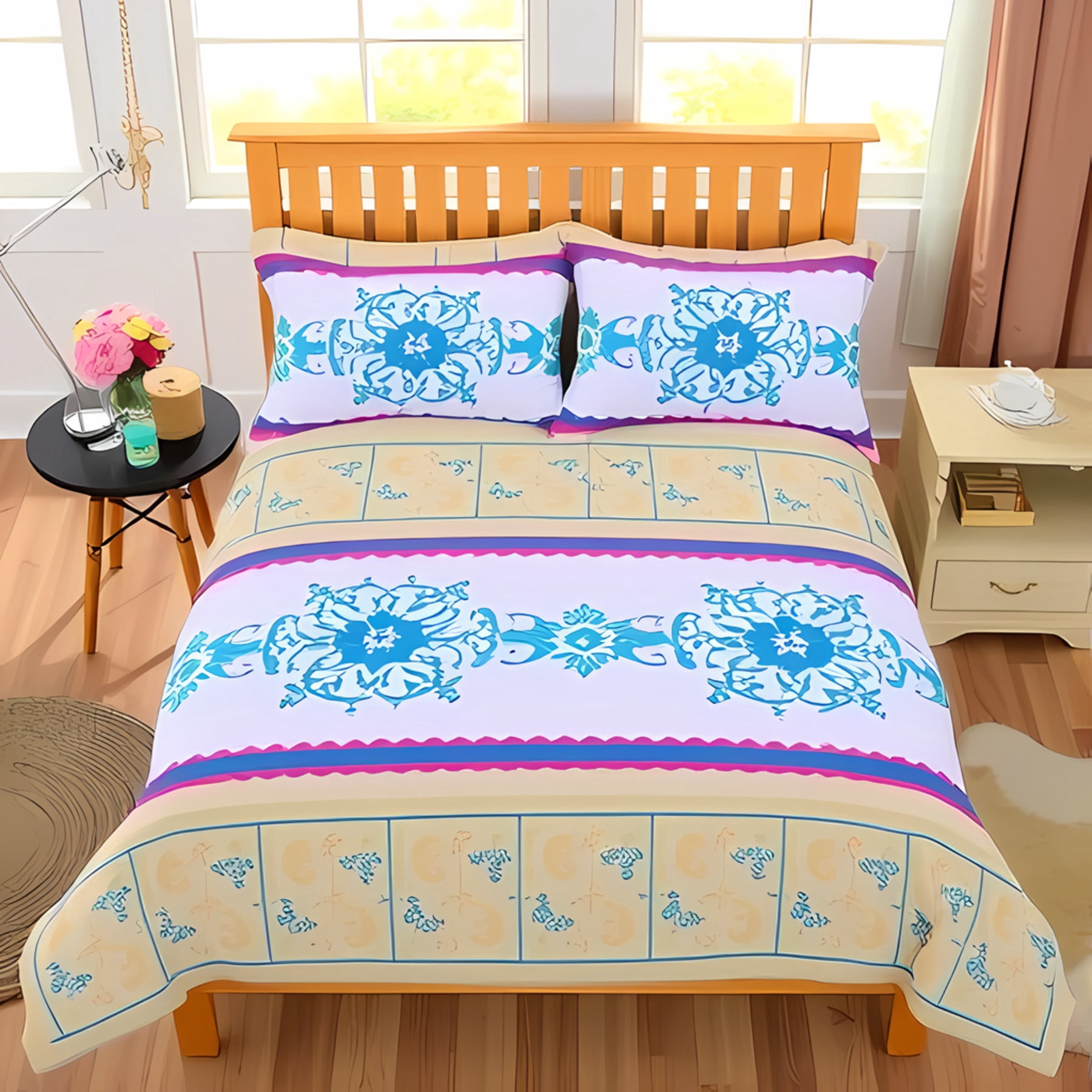 3-Piece Duvet Cover Set with Intricate Blue and Purple Floral Patterns ...
