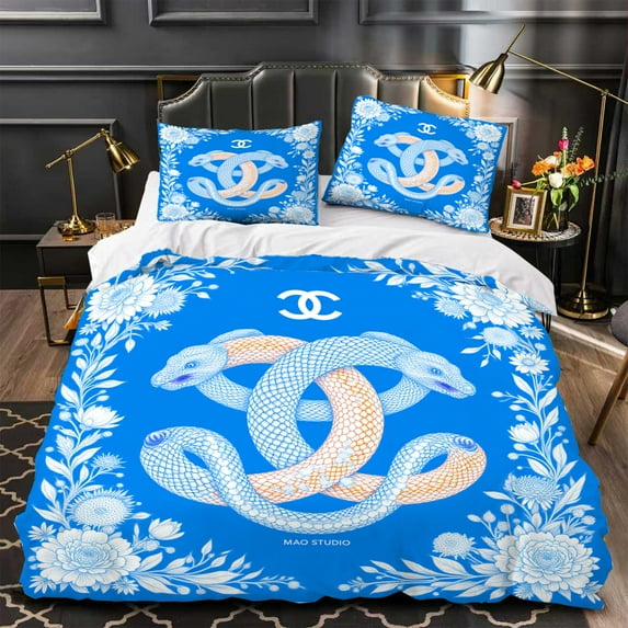 3-Piece Duvet Cover Set with Intricate Floral & Snake Pattern in Blue ...