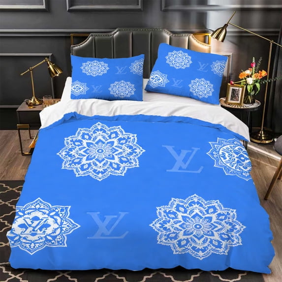 3-Piece Duvet Cover Set with Intricate White Mandala Patterns on Blue ...