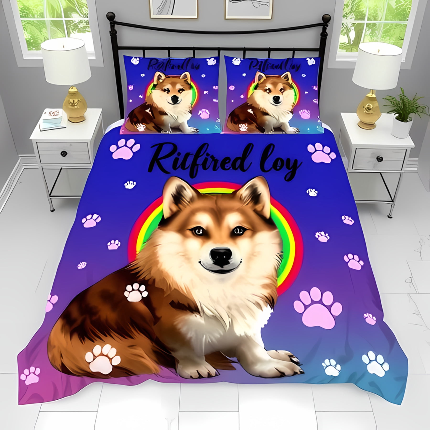 3-Piece Duvet Cover Set with Joyful Canine Design Purple and Blue Color ...