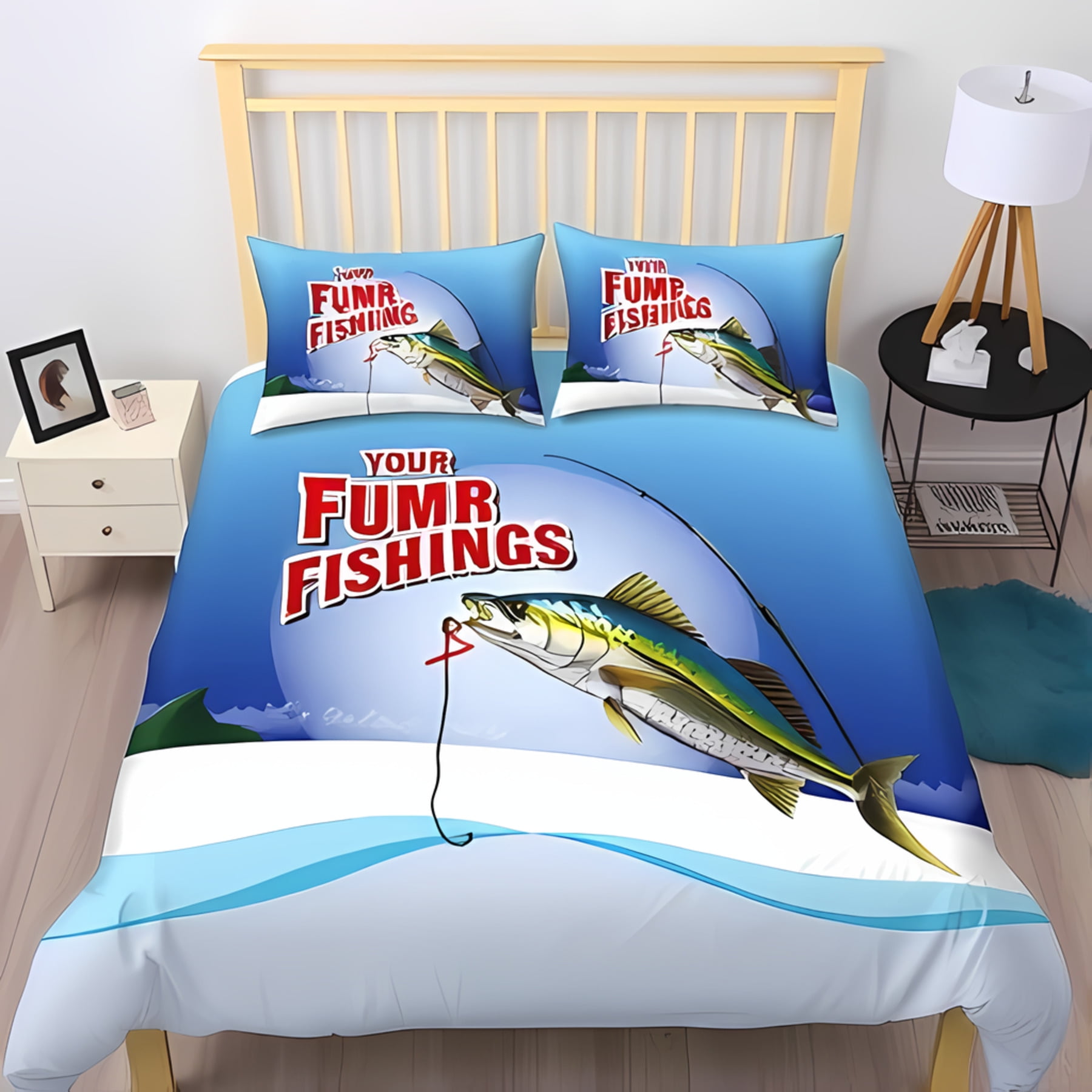 3-Piece Duvet Cover Set with Large Fish and Fishing Lure Design Blue ...
