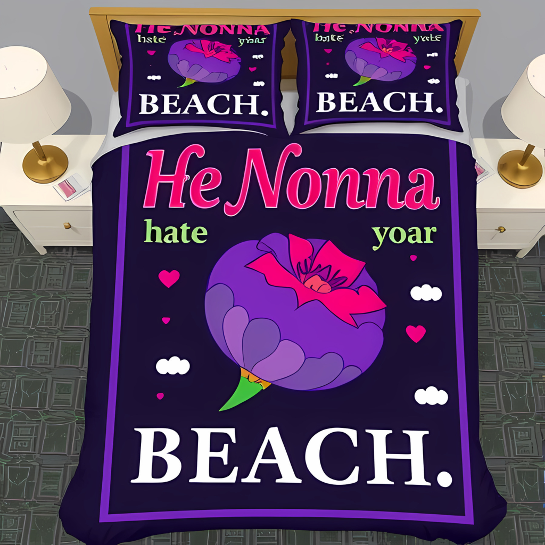 3-Piece Duvet Cover Set with Large Purple Flower Design Colorful Text ...