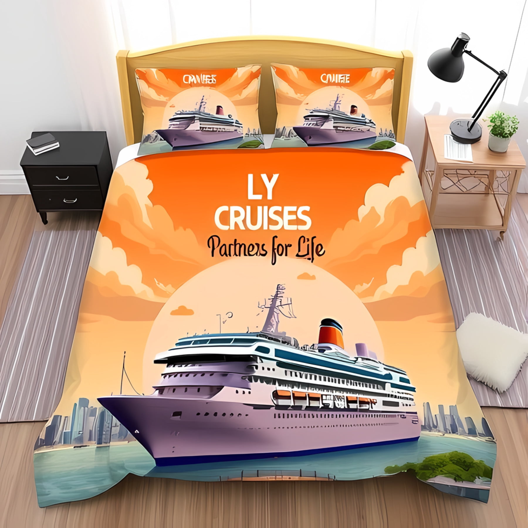 3-Piece Duvet Cover Set with Majestic Cruise Ship Design Sunset ...