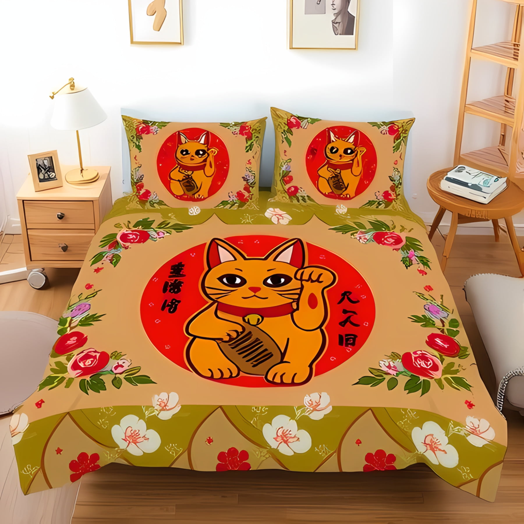 3-Piece Duvet Cover Set with Maneki-neko Pattern Cheerful Golden Cat on ...