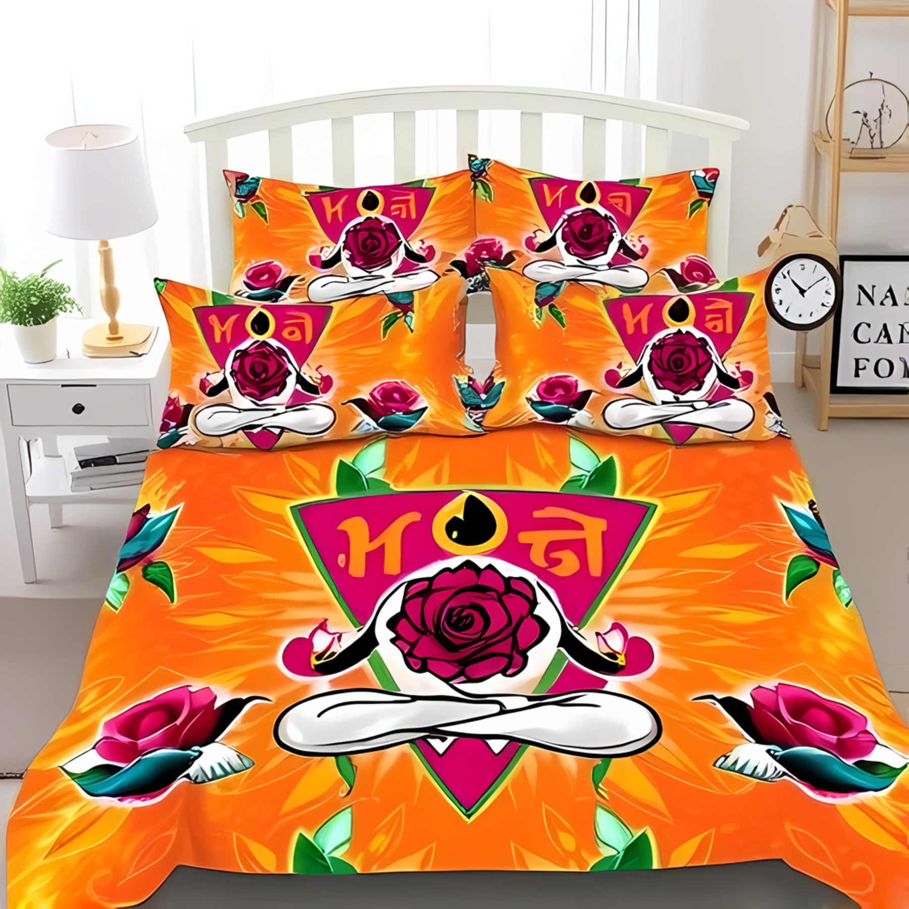 3-Piece Duvet Cover Set with Meditative Figure and Blooming Roses on ...