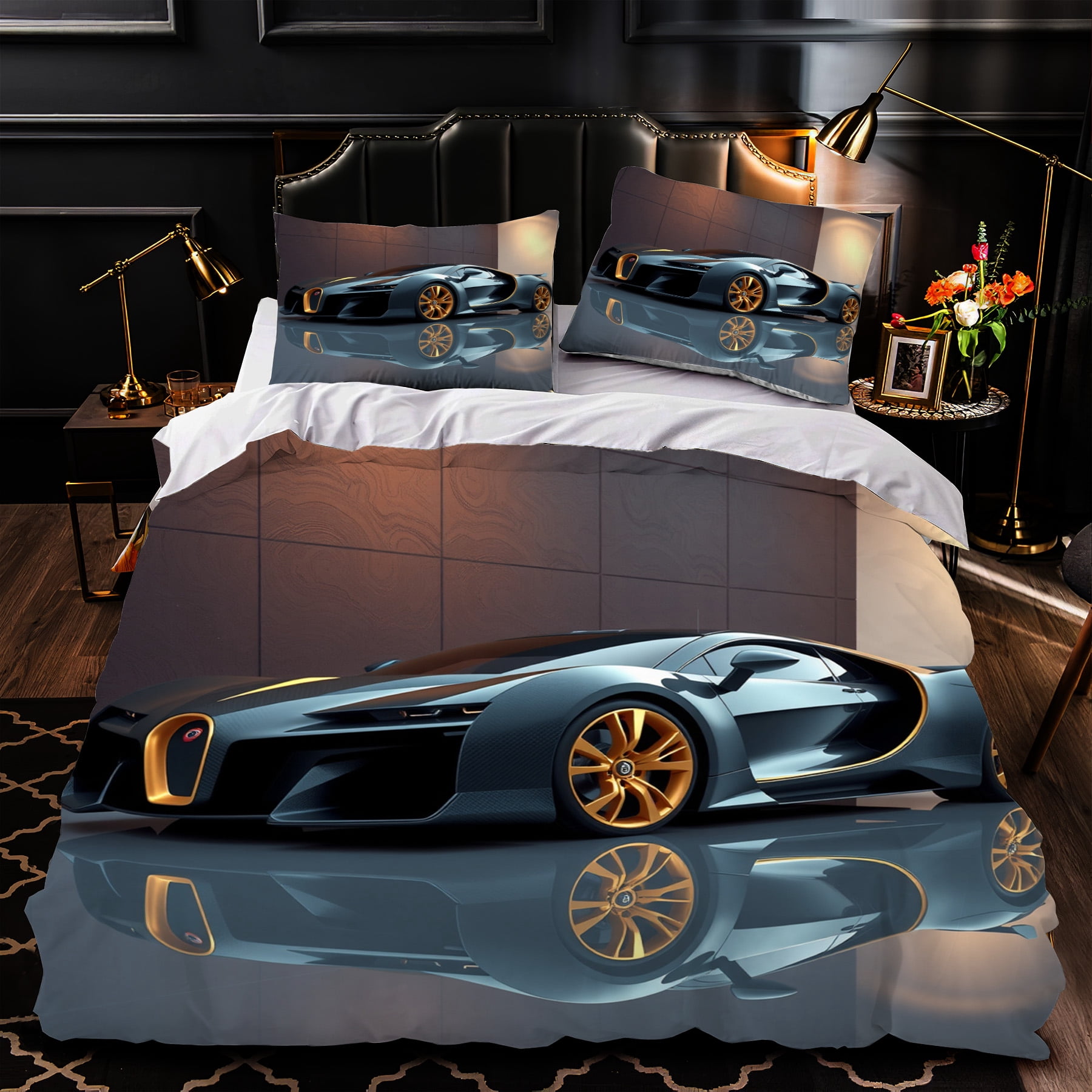 3-Piece Duvet Cover Set with Modern Dark-Themed Design Featuring Blue ...