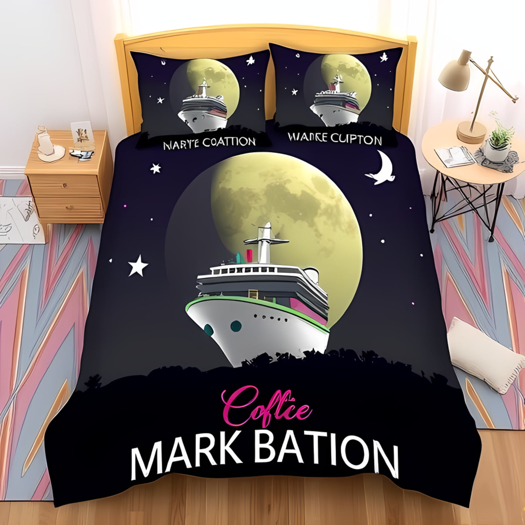3-Piece Duvet Cover Set with Moon and Cruise Ship Design Personalized ...