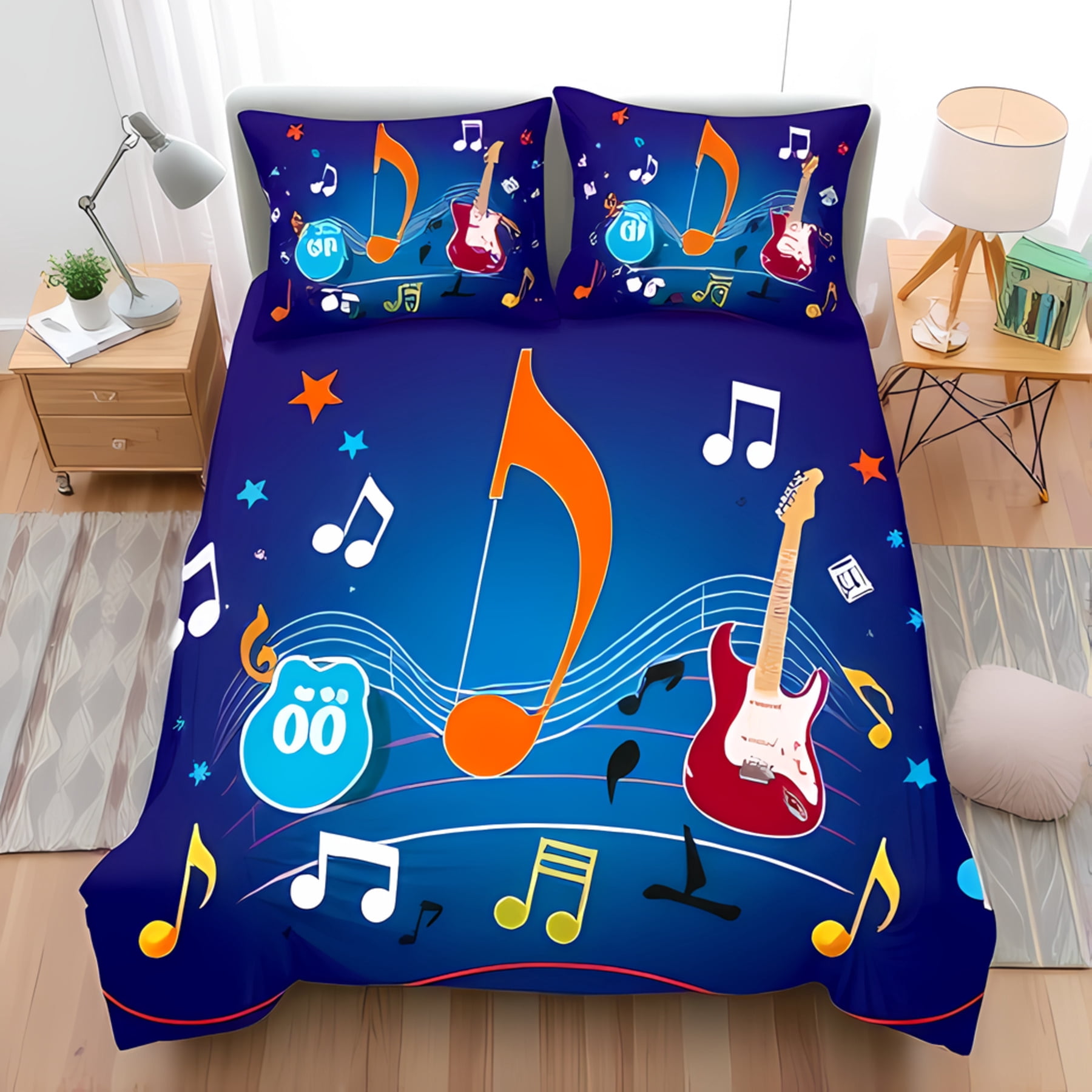 3-Piece Duvet Cover Set with Musical Notes & Electric Guitars on Blue ...