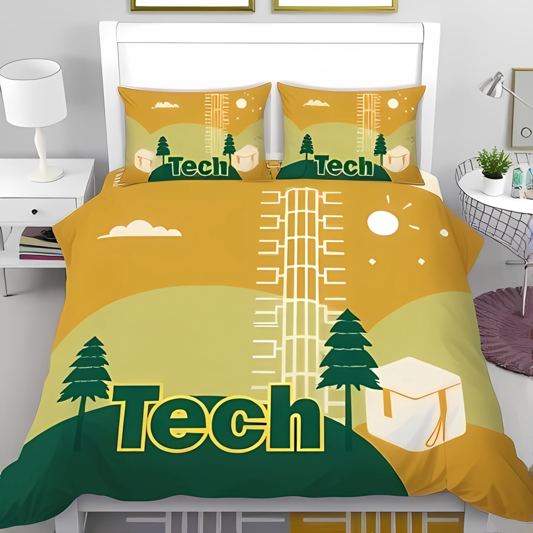 3-Piece Duvet Cover Set with Mustard Yellow and Forest Green Landscape ...