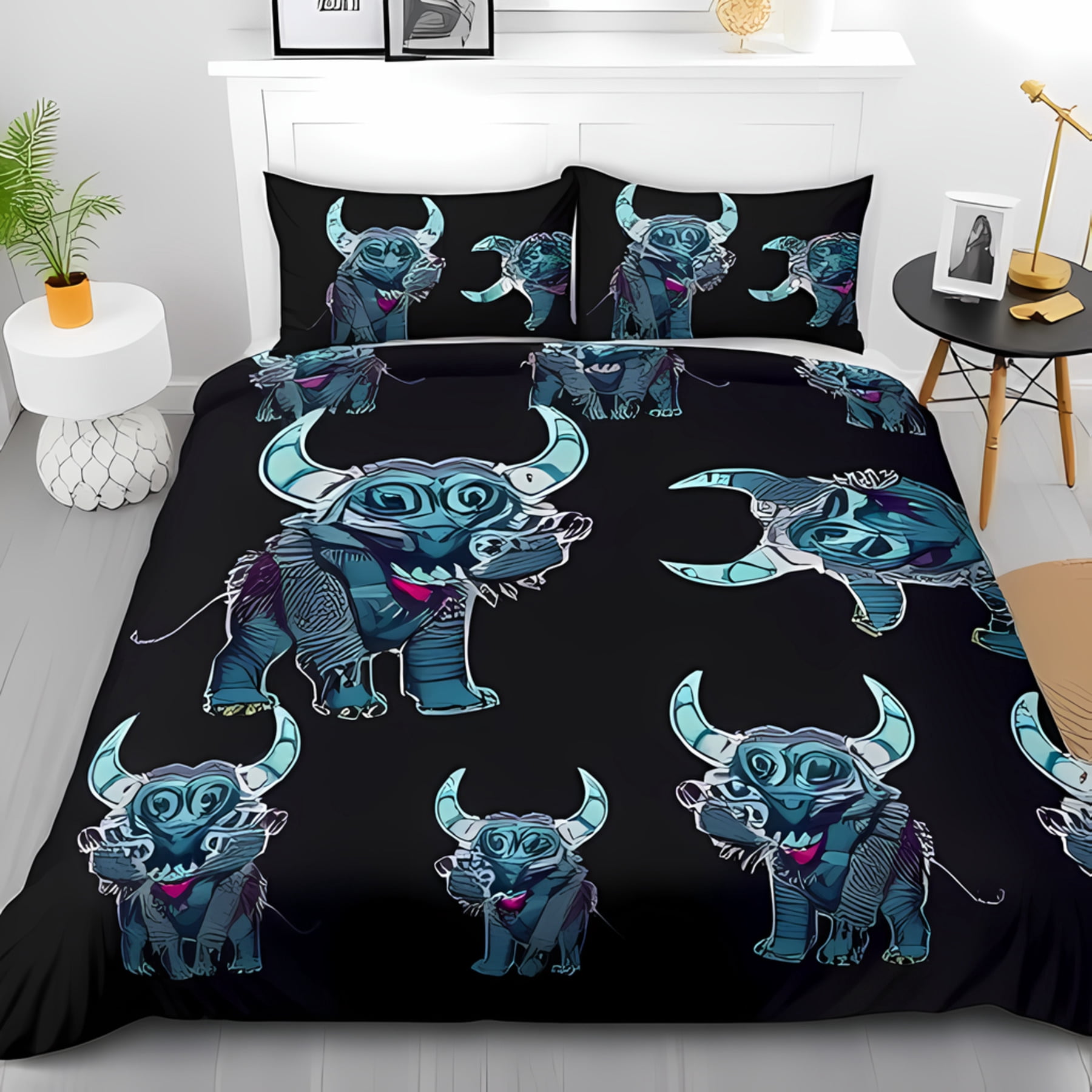 3-Piece Duvet Cover Set with Mythical Creatures on Black Background ...