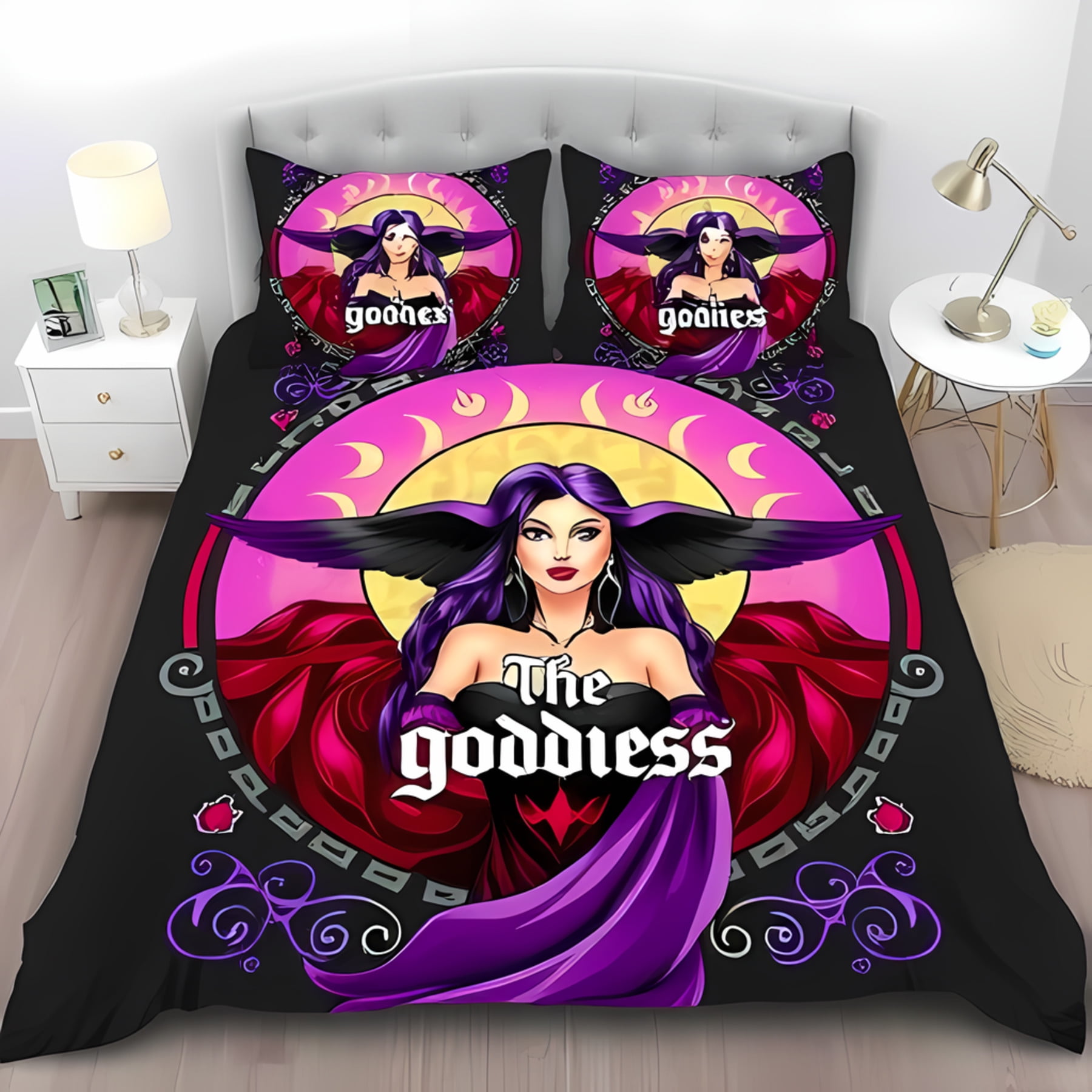 3-Piece Duvet Cover Set with Mythical Female Figure Design in Rich Reds ...