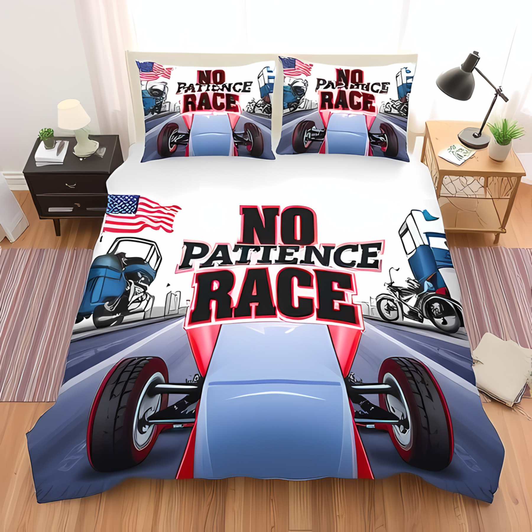 3-Piece Duvet Cover Set with " NO PATIENCE RACE " Design Racing Cars ...
