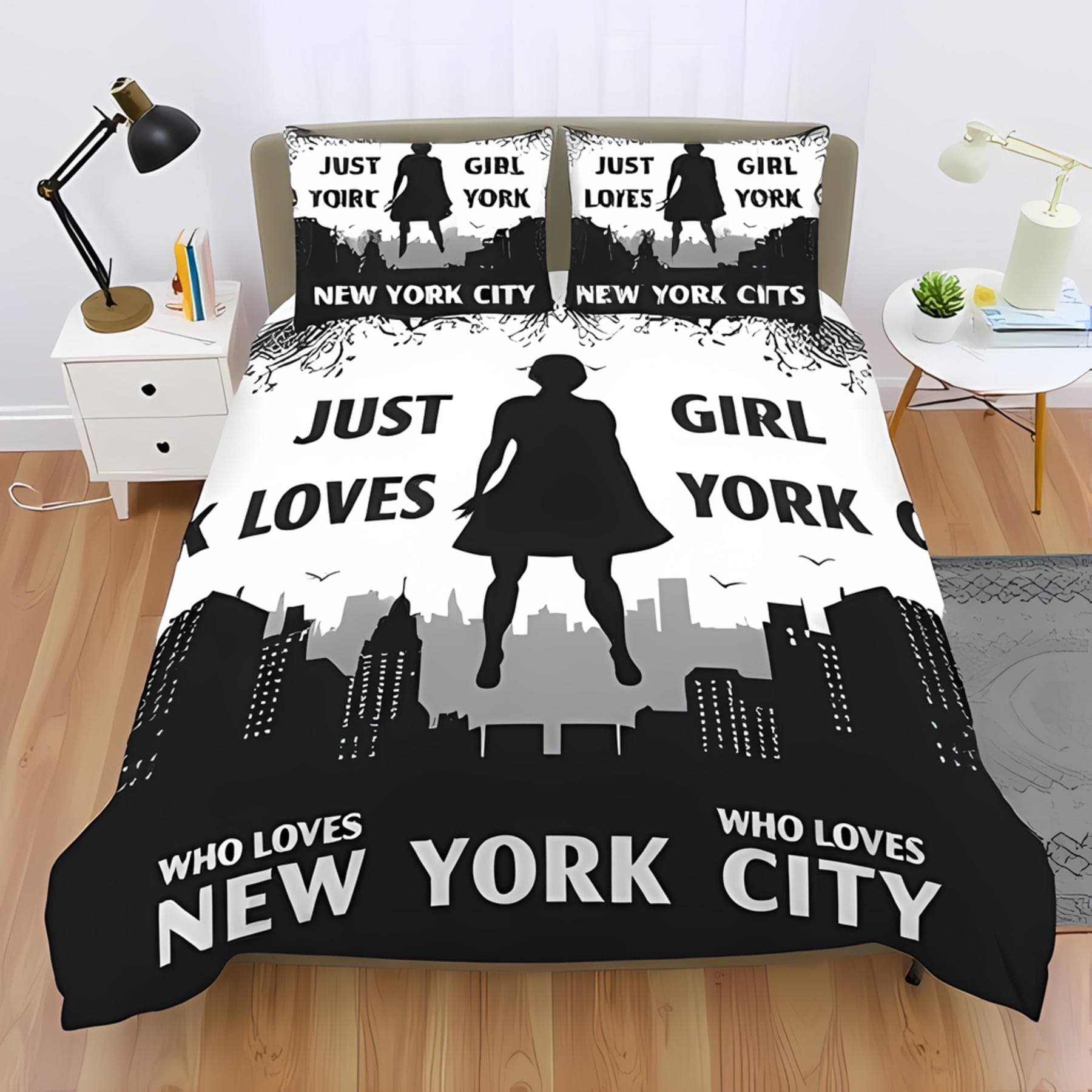 3-Piece Duvet Cover Set with NYC & Girl in Design Monochrome Urban Art ...