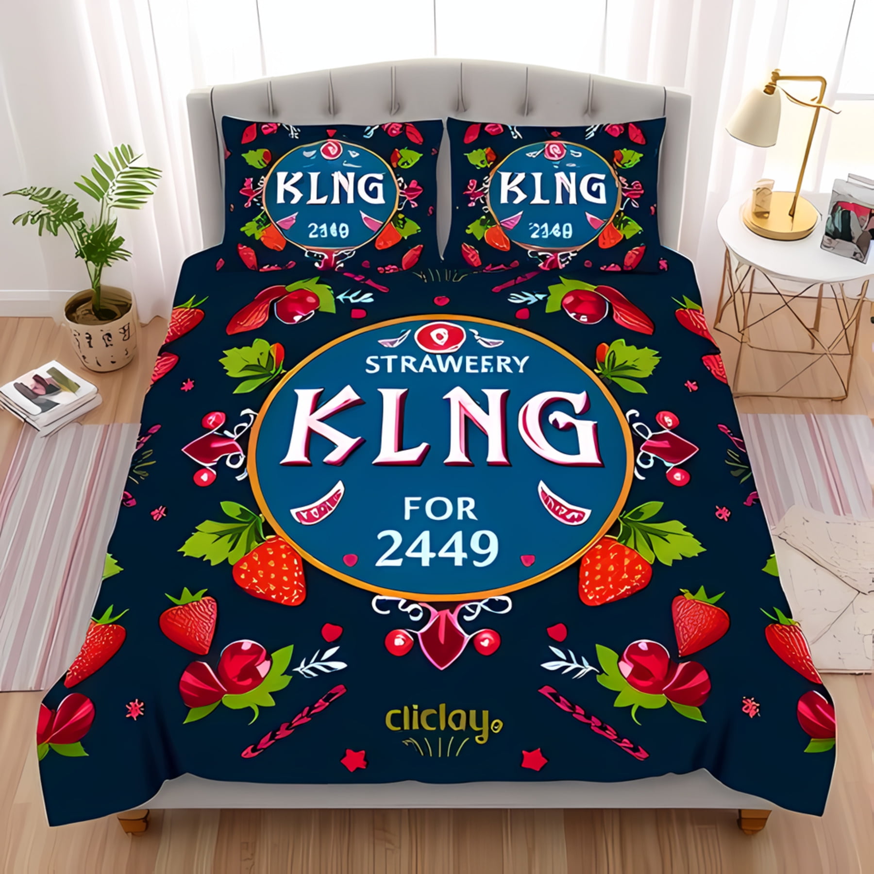 3-Piece Duvet Cover Set with Navy Background Cheerful Strawberries ...