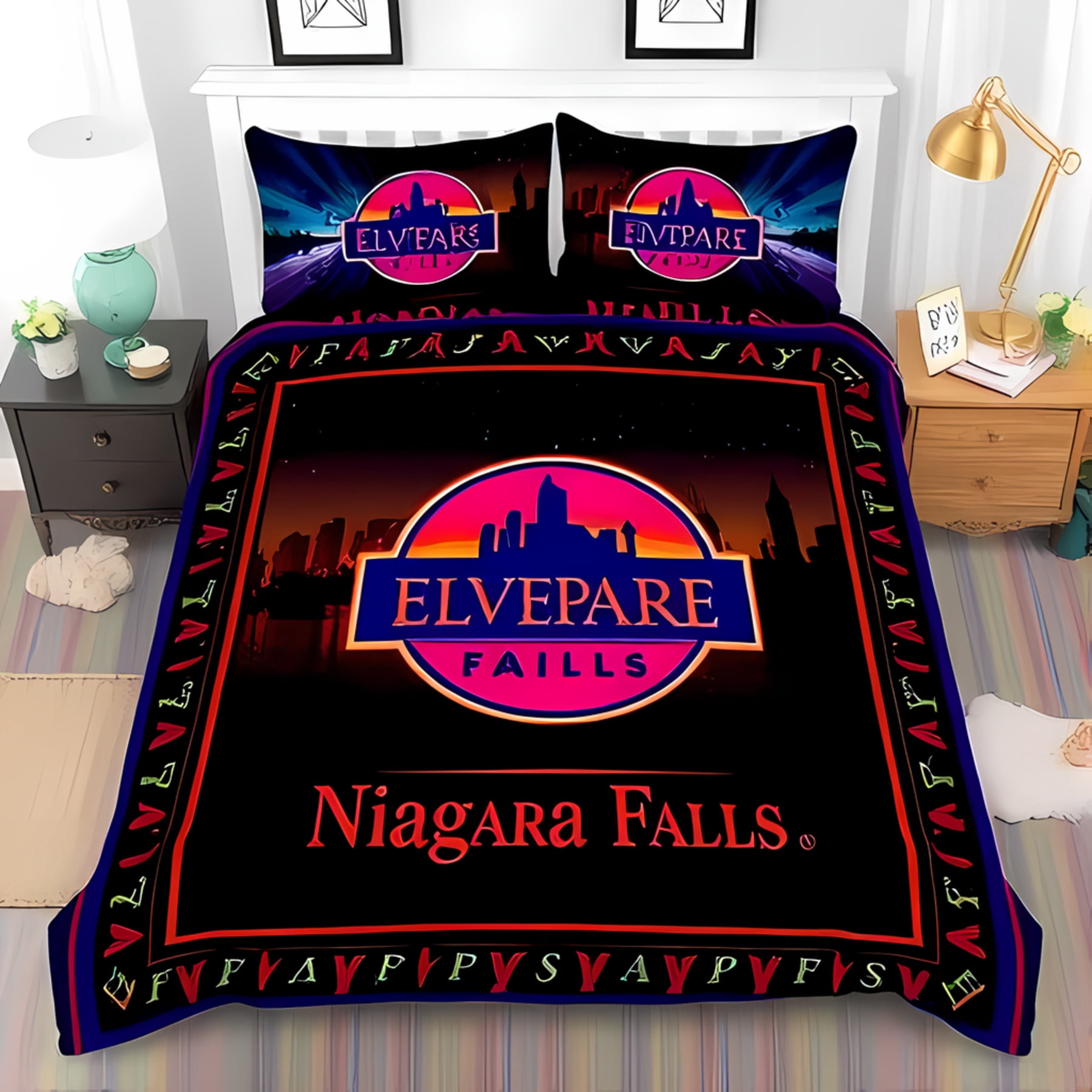 3-Piece Duvet Cover Set with Niagara Falls Design Bold Midnight Blue ...