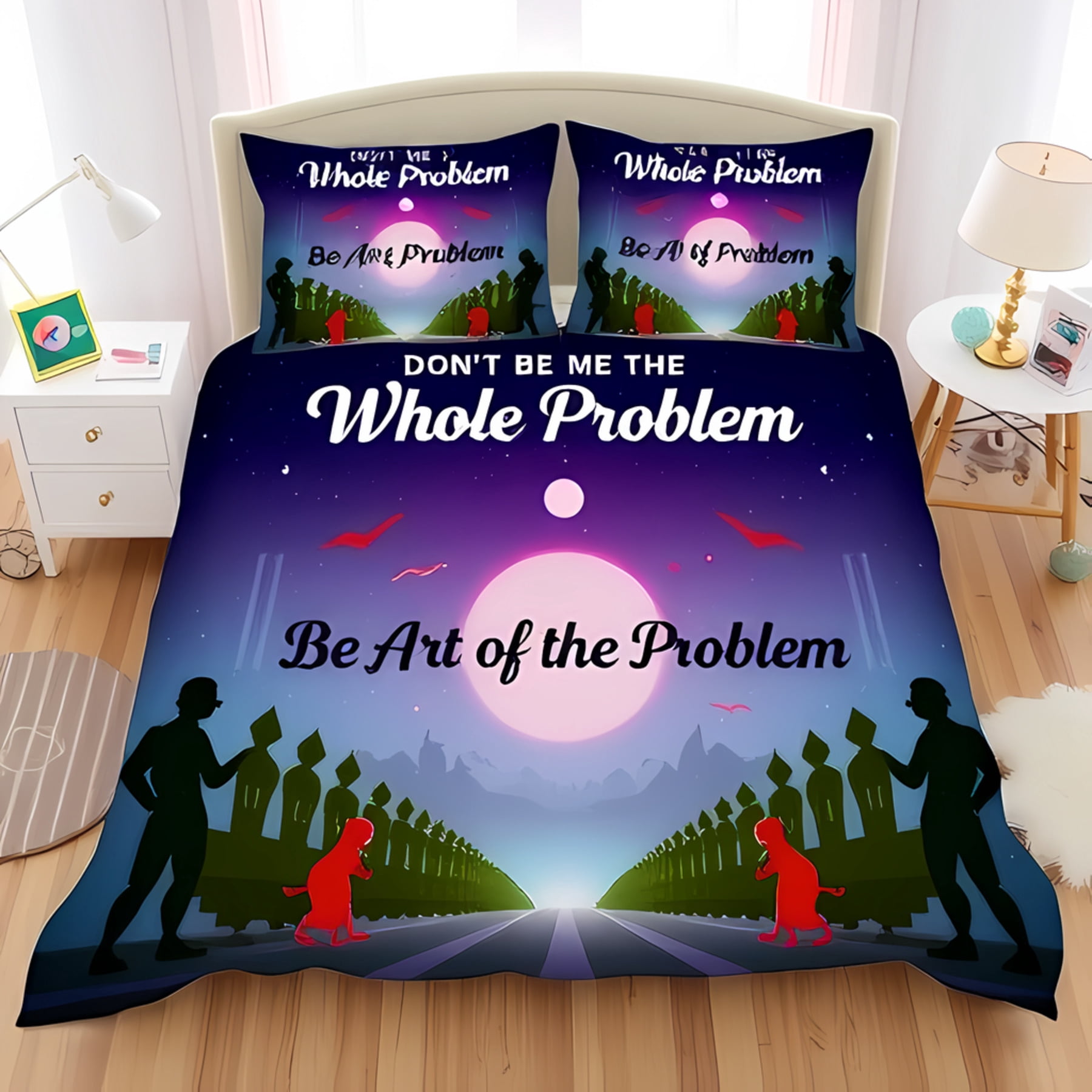 3-Piece Duvet Cover Set with Nighttime Landscape Design Moon & of Man ...