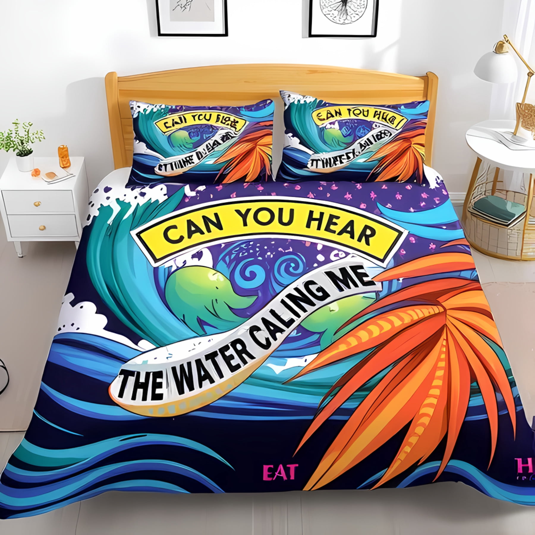 3-Piece Duvet Cover Set with Ocean Wave and Leaf Design Colorful Sea ...