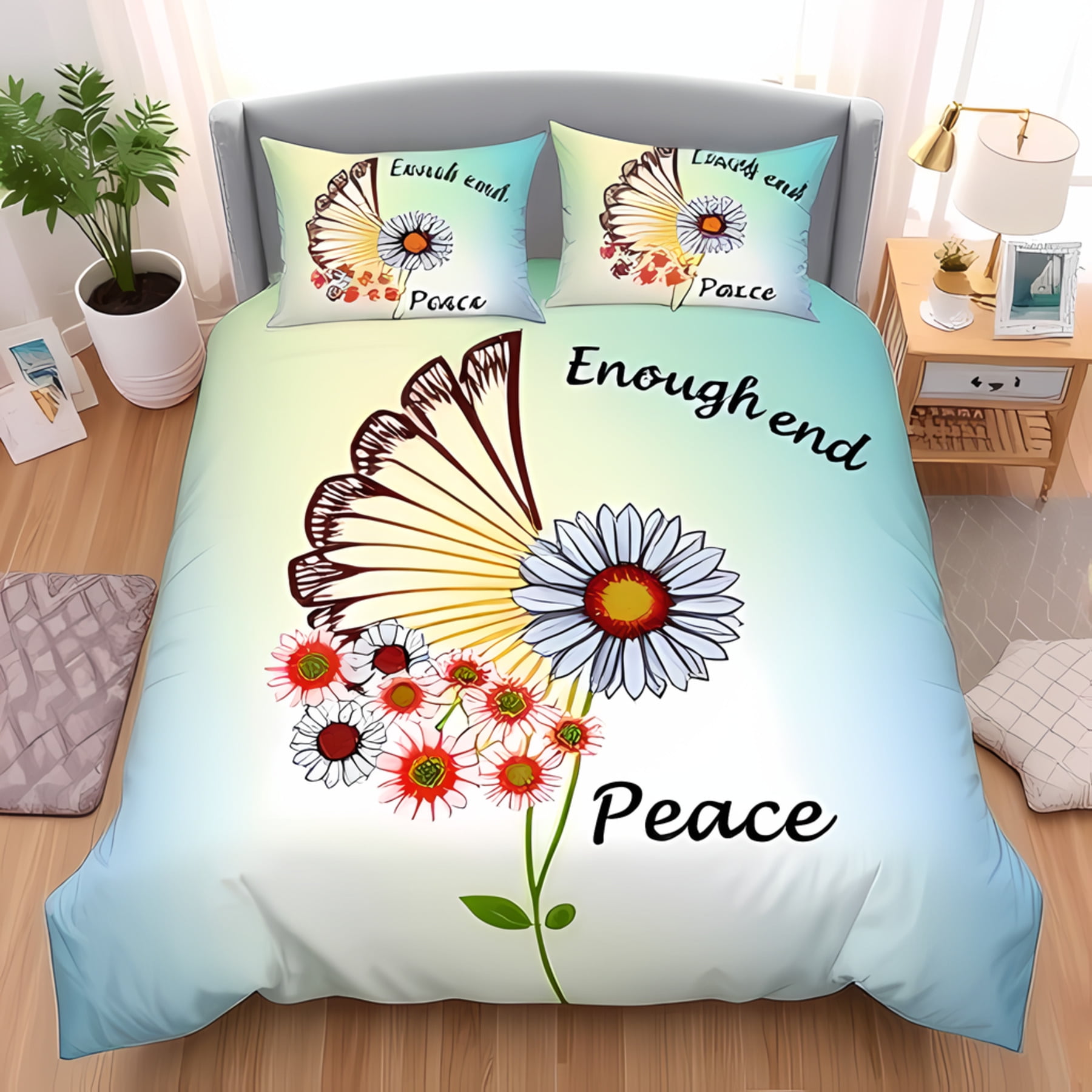 3-Piece Duvet Cover Set with Pastel Blue to Soft White Gradient Floral ...