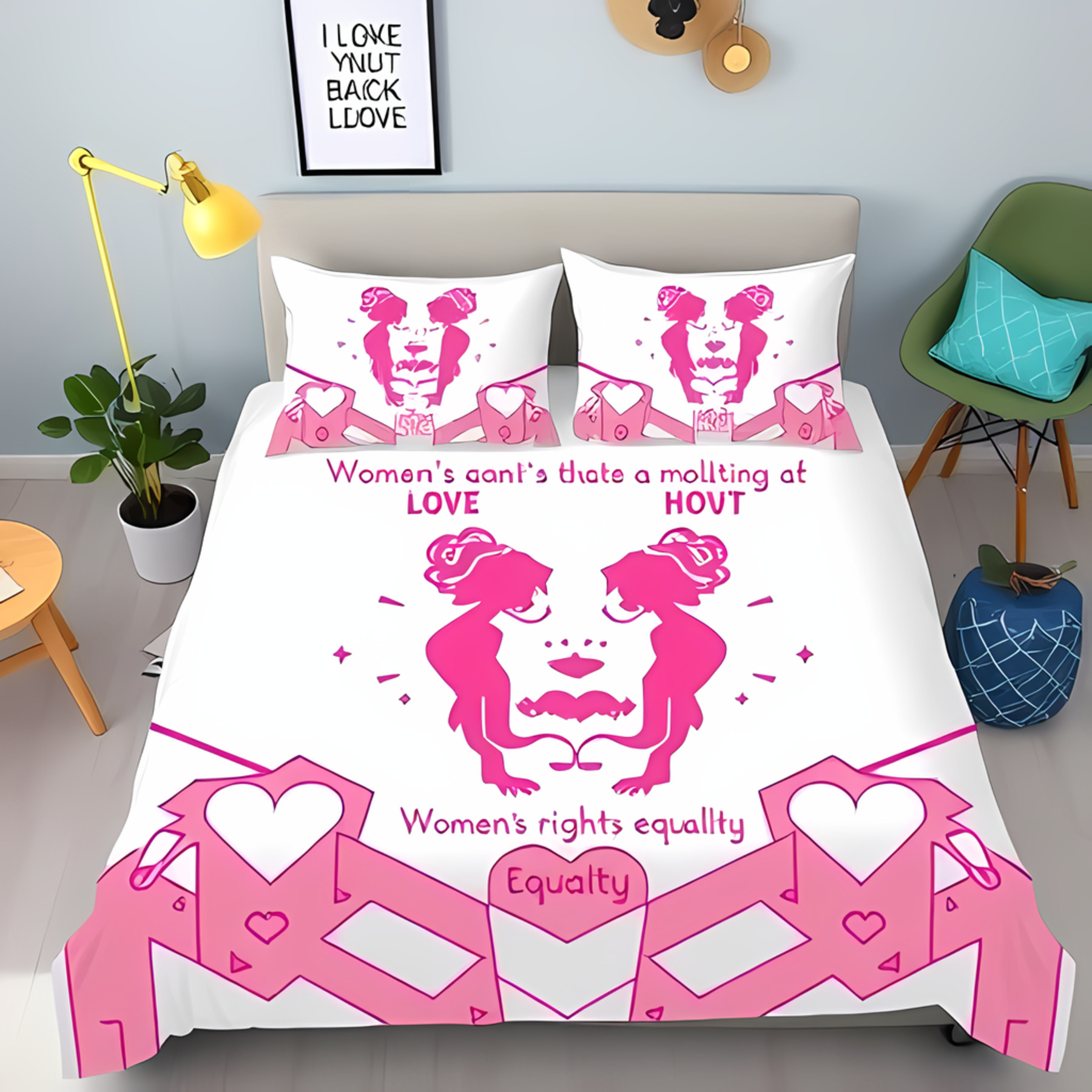 3-Piece Duvet Cover Set with Pink Heart Design Mirrored Figures ...