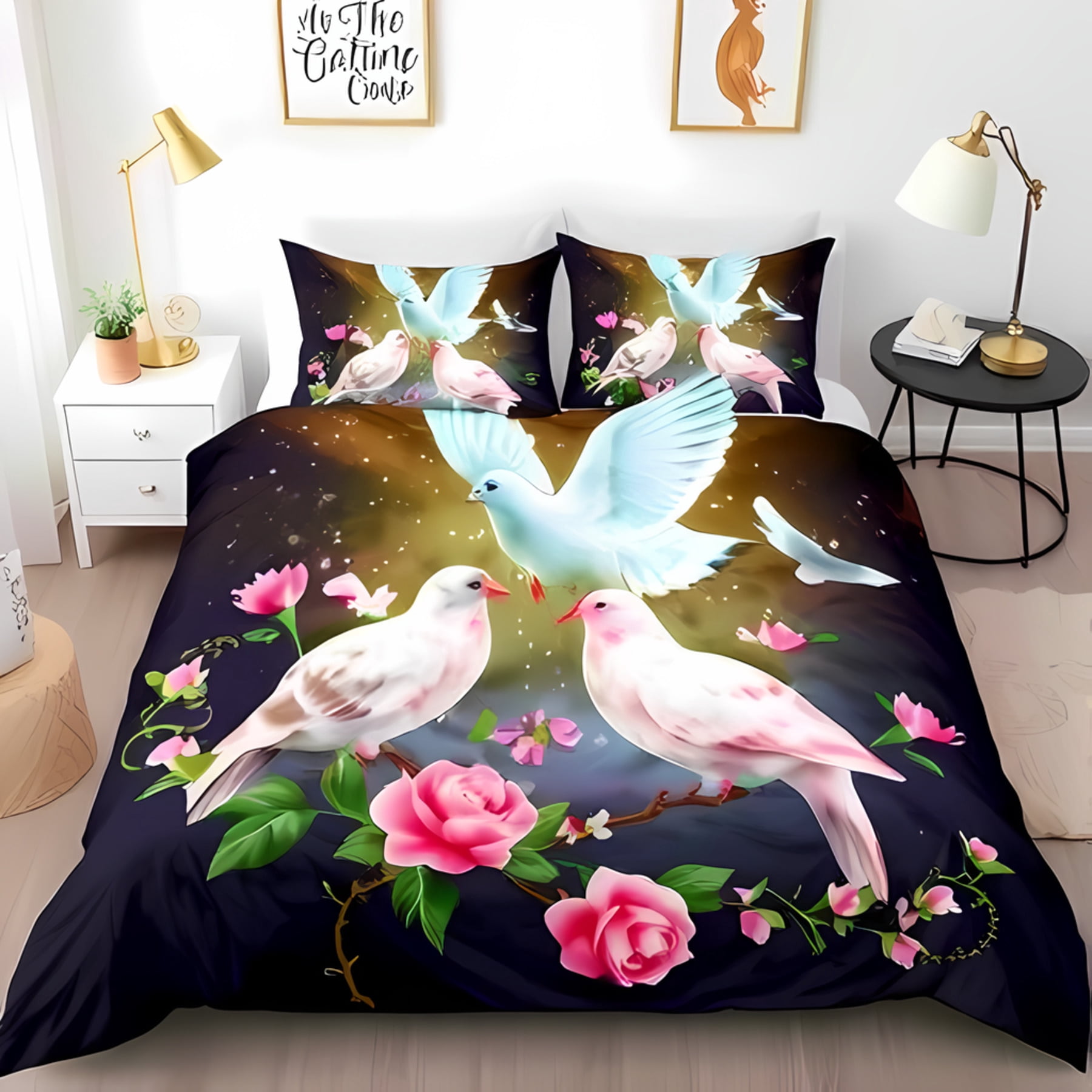 3-Piece Duvet Cover Set with Pink and White Doves Amidst Delicate Pink ...